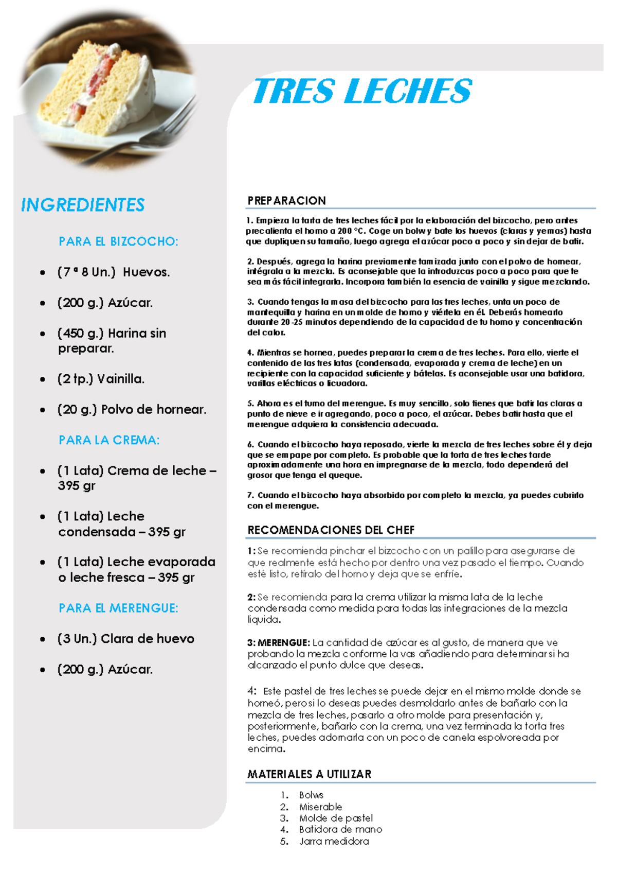 TRES Leches Tradicional - 1. Bolws 2. Miserable 3. Molde de pastel 4 ...