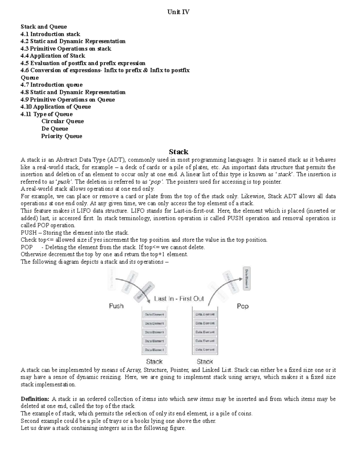 UNIT IV Stack - Unit IV Stack and Queue 4 Introduction stack 4 Static and Dynamic Representation ...