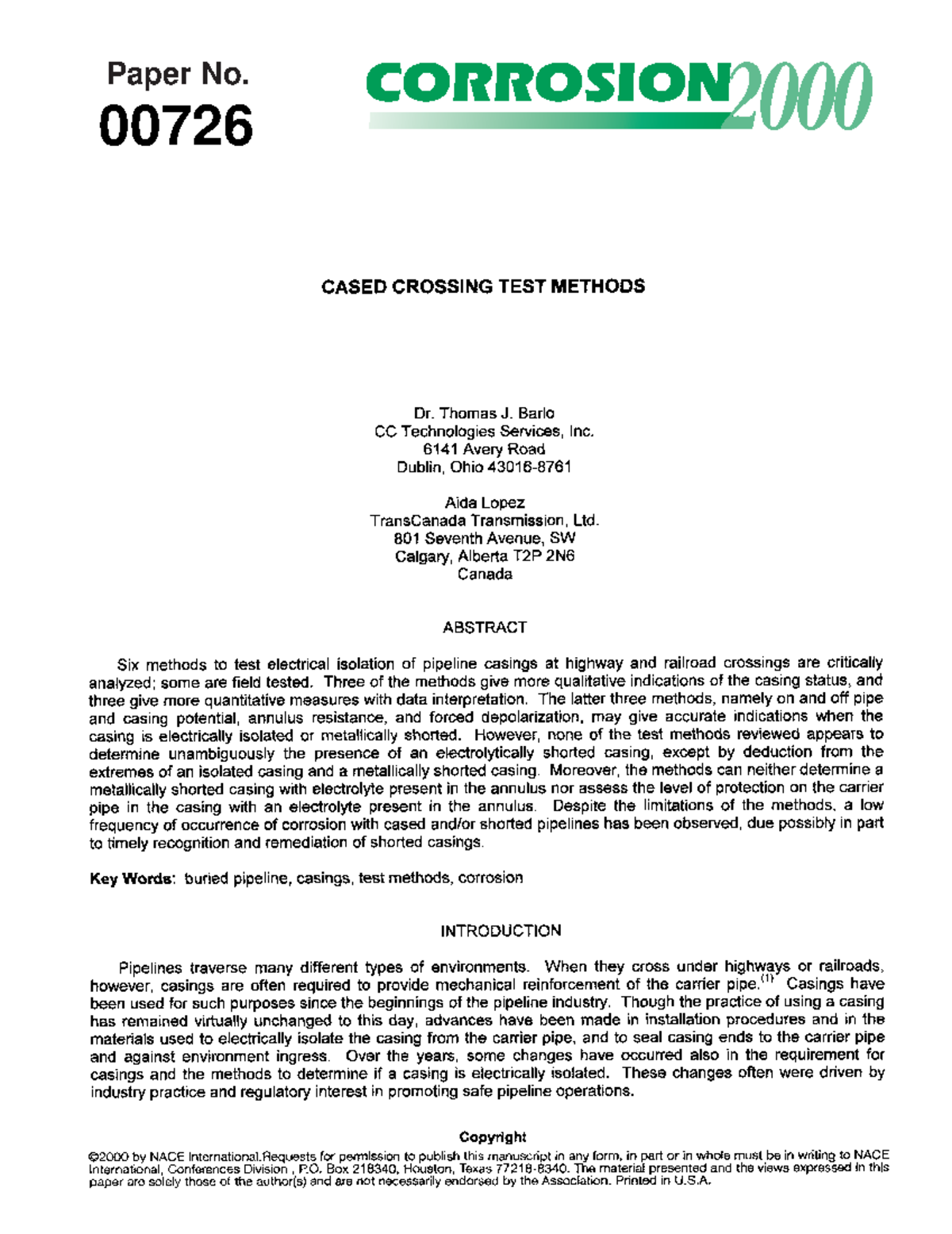 Cased Crossing TEST Methods - CASED CROSSING TEST METHODS Dr. Thomas J ...