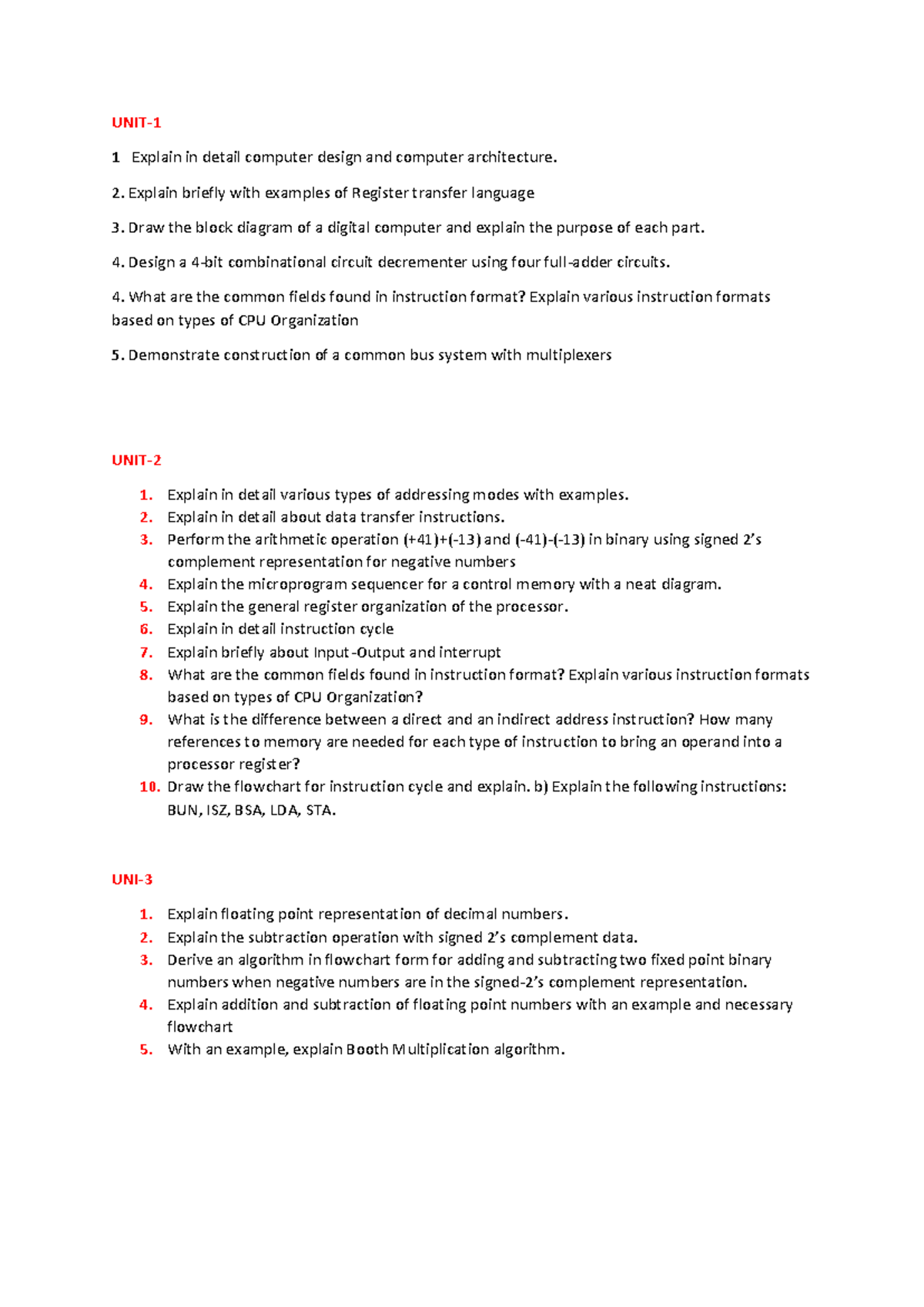 COA-imp Questions - UNIT- 1 1 Explain in detail computer design and ...