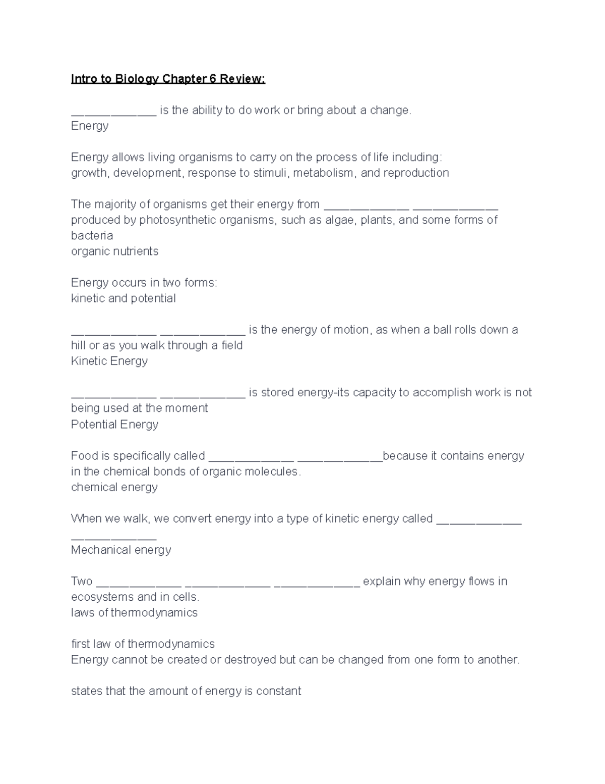Intro to Biology Chapter 6 Review - Intro to Biology Chapter 6 Review ...