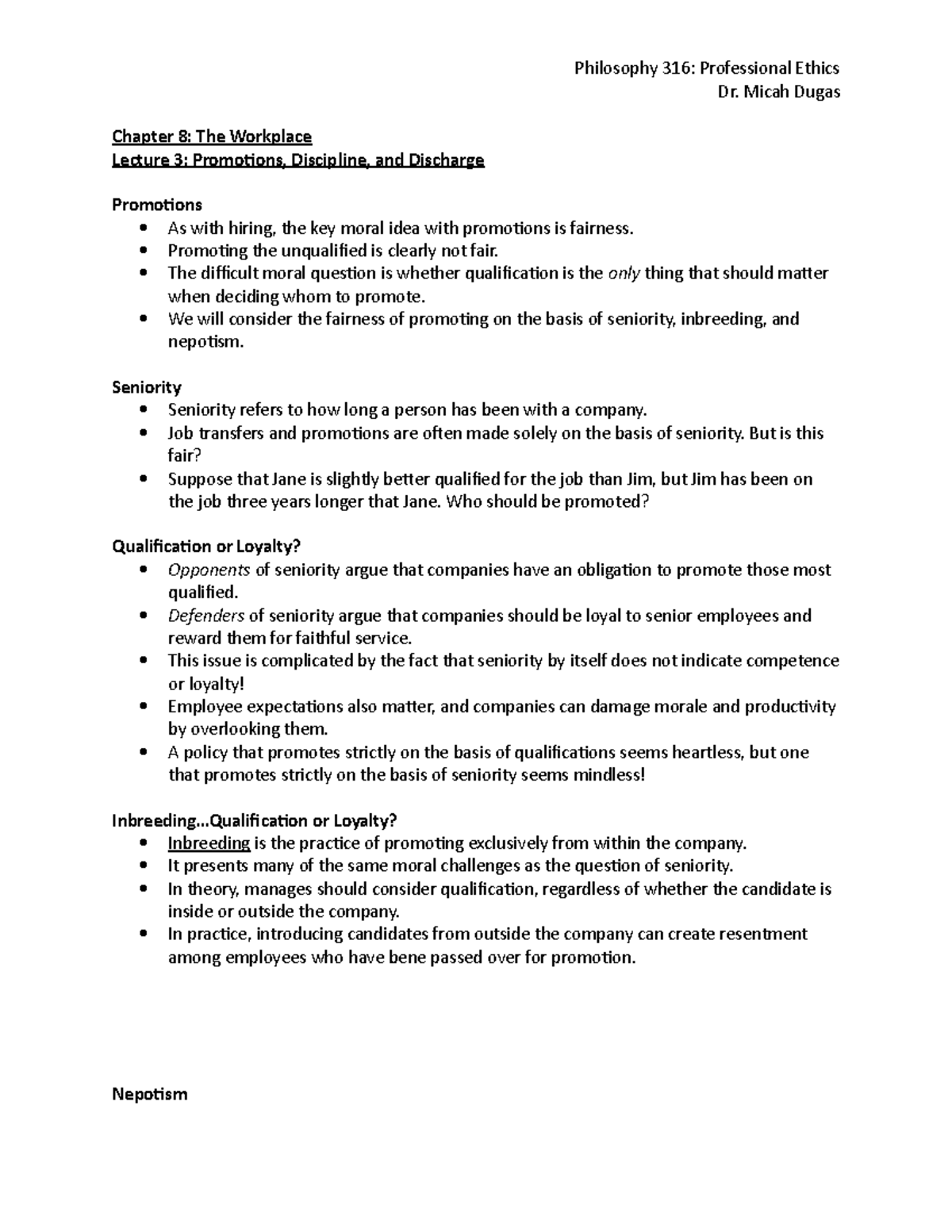 Chapter 8 - Lecture 3 - Philosophy 316: Professional Ethics Dr. Micah Dugas Chapter 8: The ...