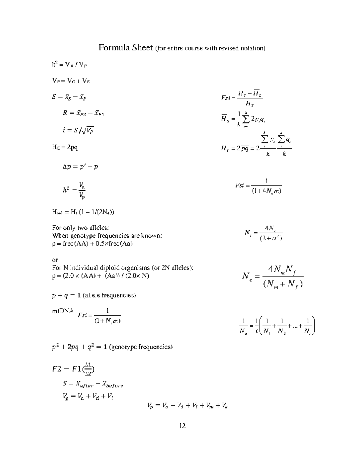 BIOL 2400 F2022 Midterm 1 - equation sheet 12 - 12 Formula Sheet (for ...