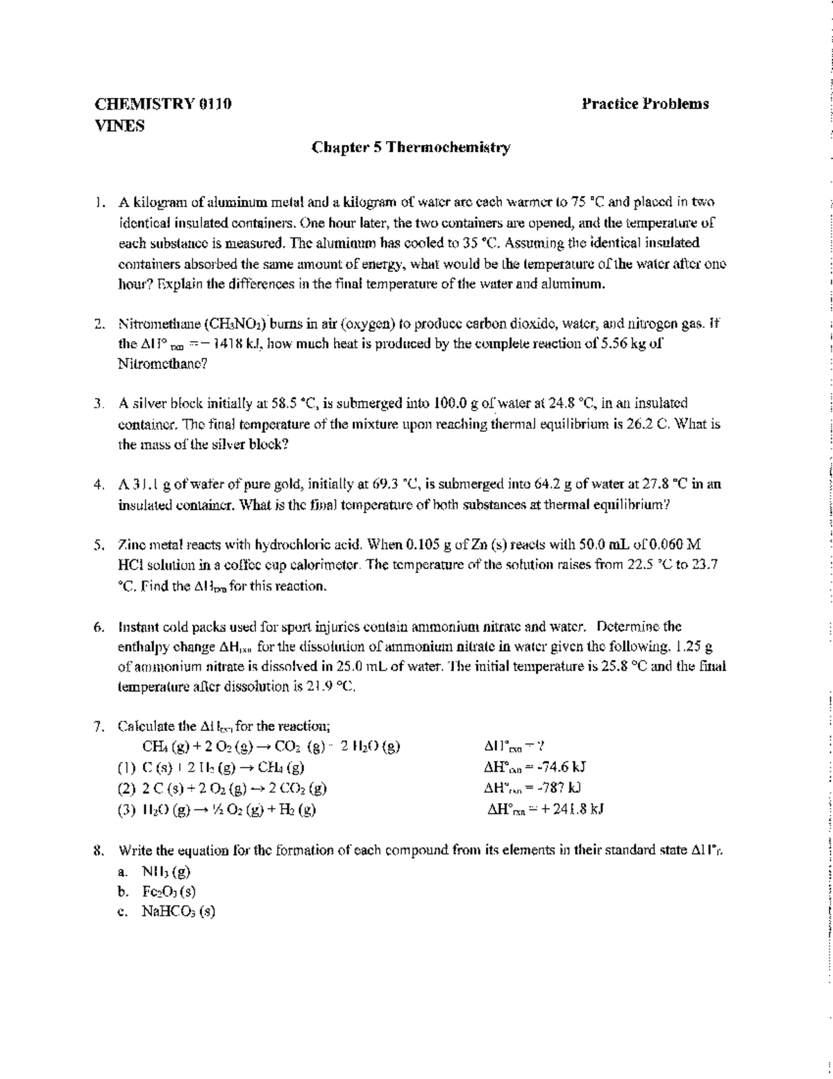 Chapter 5 Thermochemistry Practice Problems AK - CHEMISTRY 0110 ...