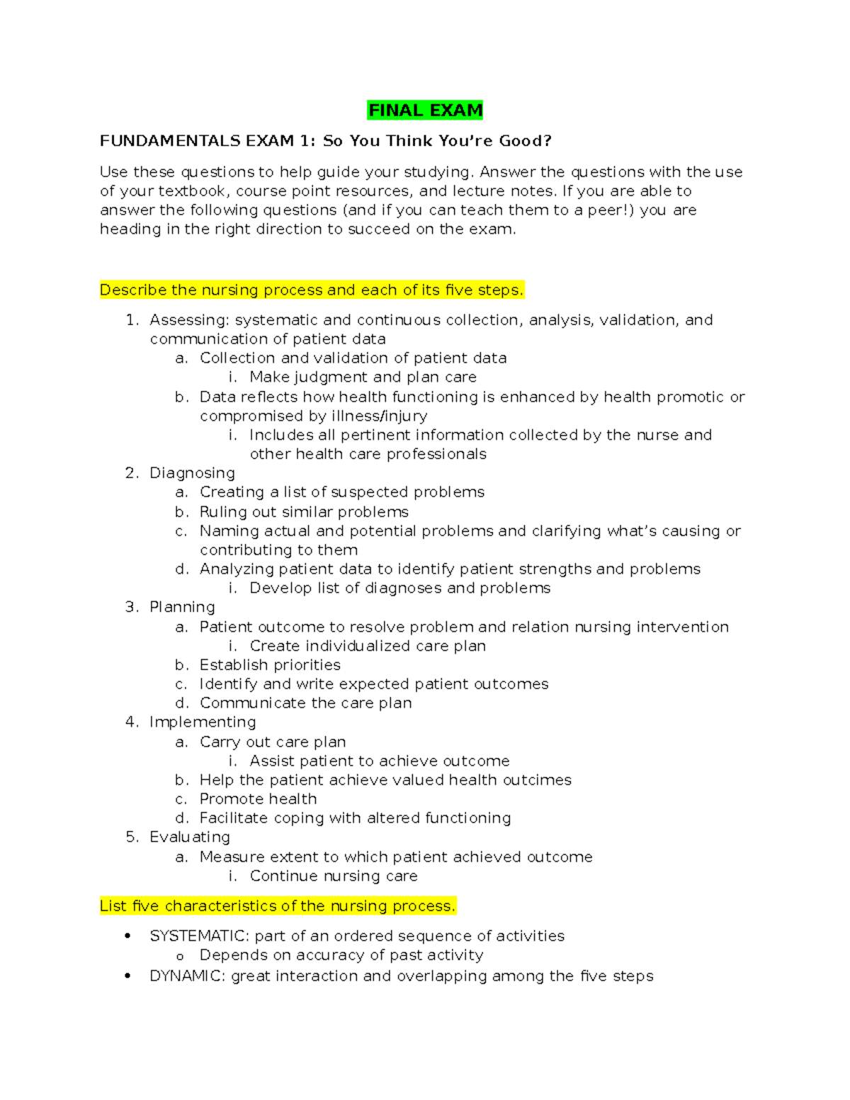 Fundamentals Nursing Theory Final EXAM - FINAL EXAM FUNDAMENTALS EXAM 1 ...