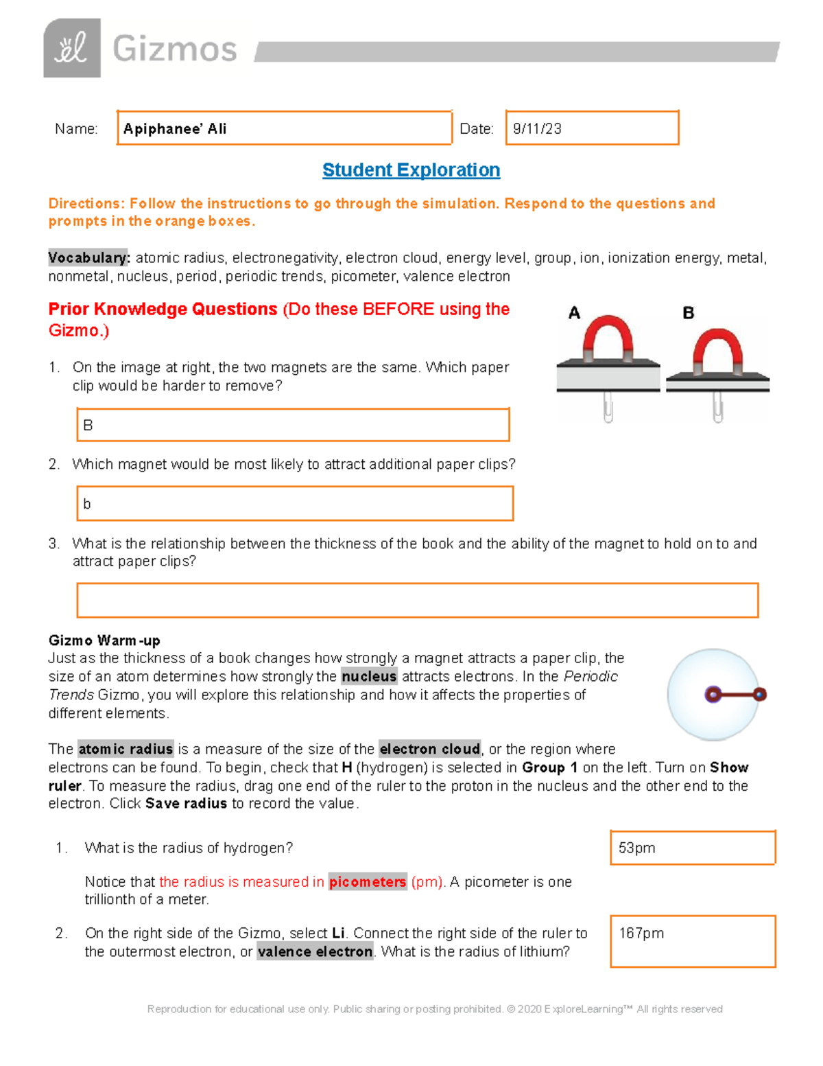 Copy of Periodic Trends Gizmos Activity - Name: Apiphanee’ Ali Date: 9 ...