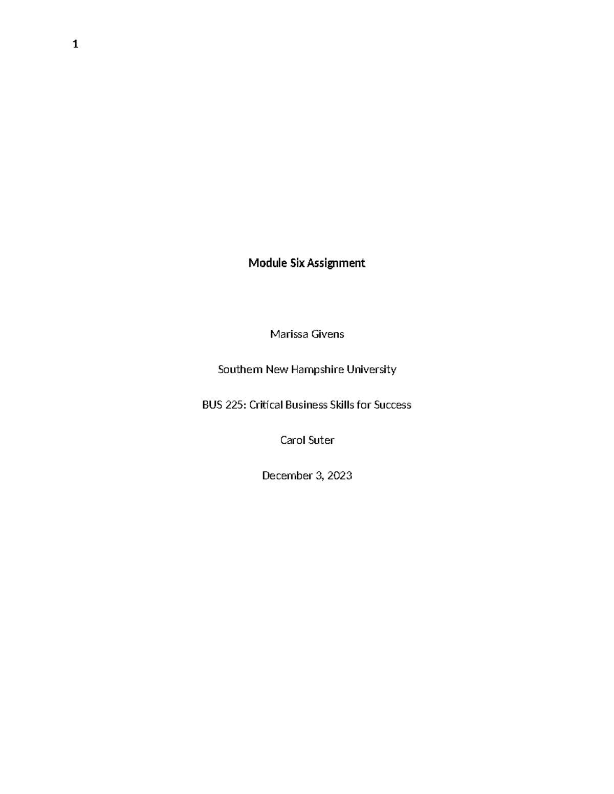 BUS225 Module Six Assignment - 1 Module Six Assignment Marissa Givens ...