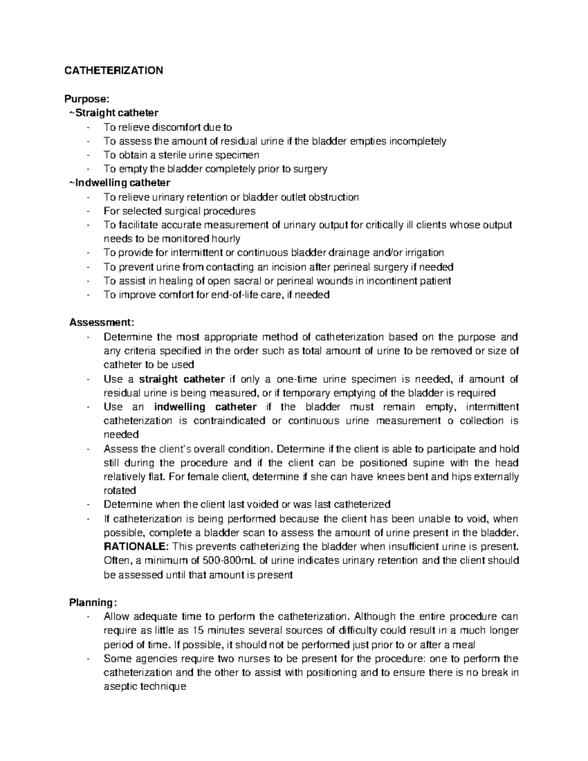 RLE - Catheterization - CATHETERIZATION Purpose: ~Straight catheter ...