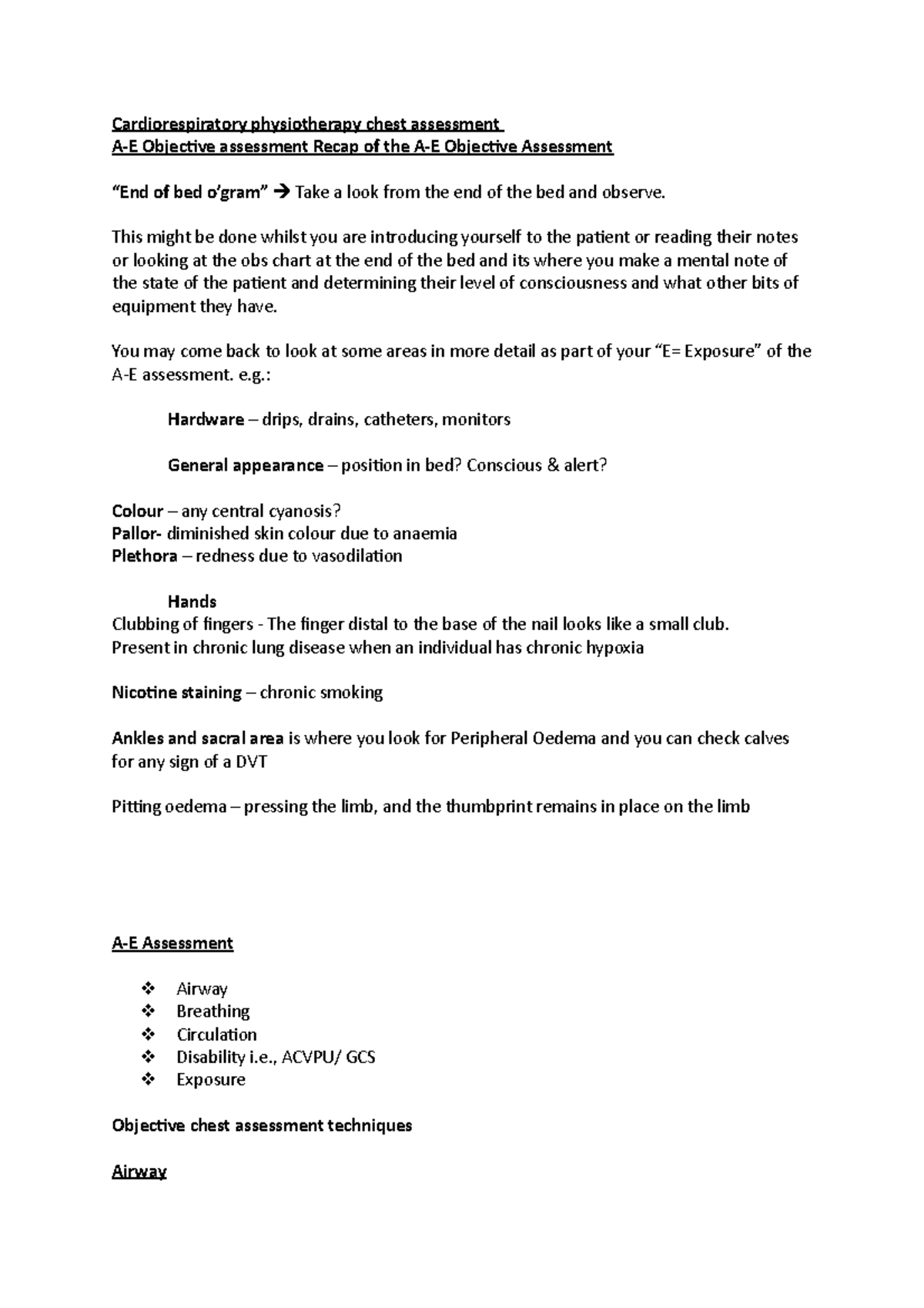Cardiorespiratory physiotherapy chest assessment A-E Objective ...