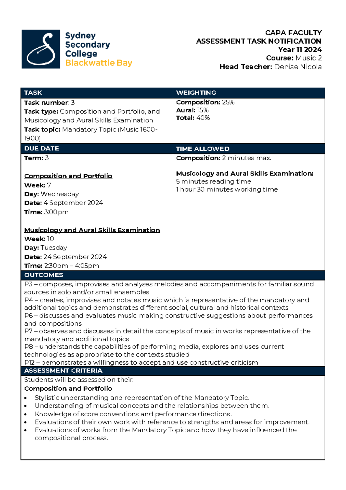 Year 11 Music 2 Task 3 2024 - CAPA FACULTY ASSESSMENT TASK NOTIFICATION ...