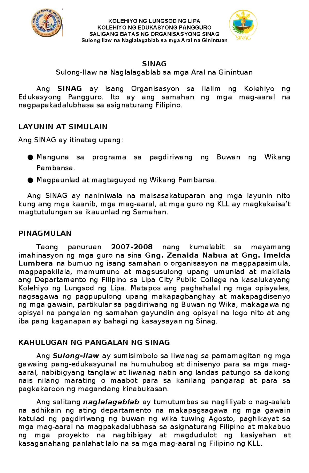 Sinag (Trivia) - KOLEHIYO NG EDUKASYONG PANGGURO SALIGANG BATAS NG ...
