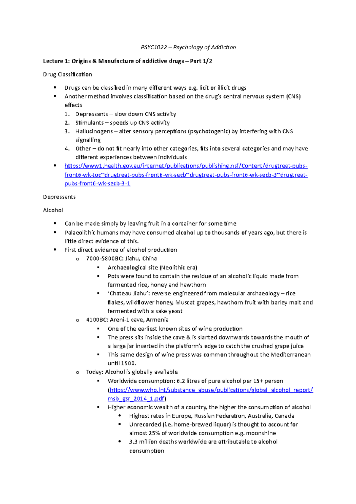 PSYC1022 - Topic 1-7 notes - PSYC1022 – Psychology of Addiction Lecture ...