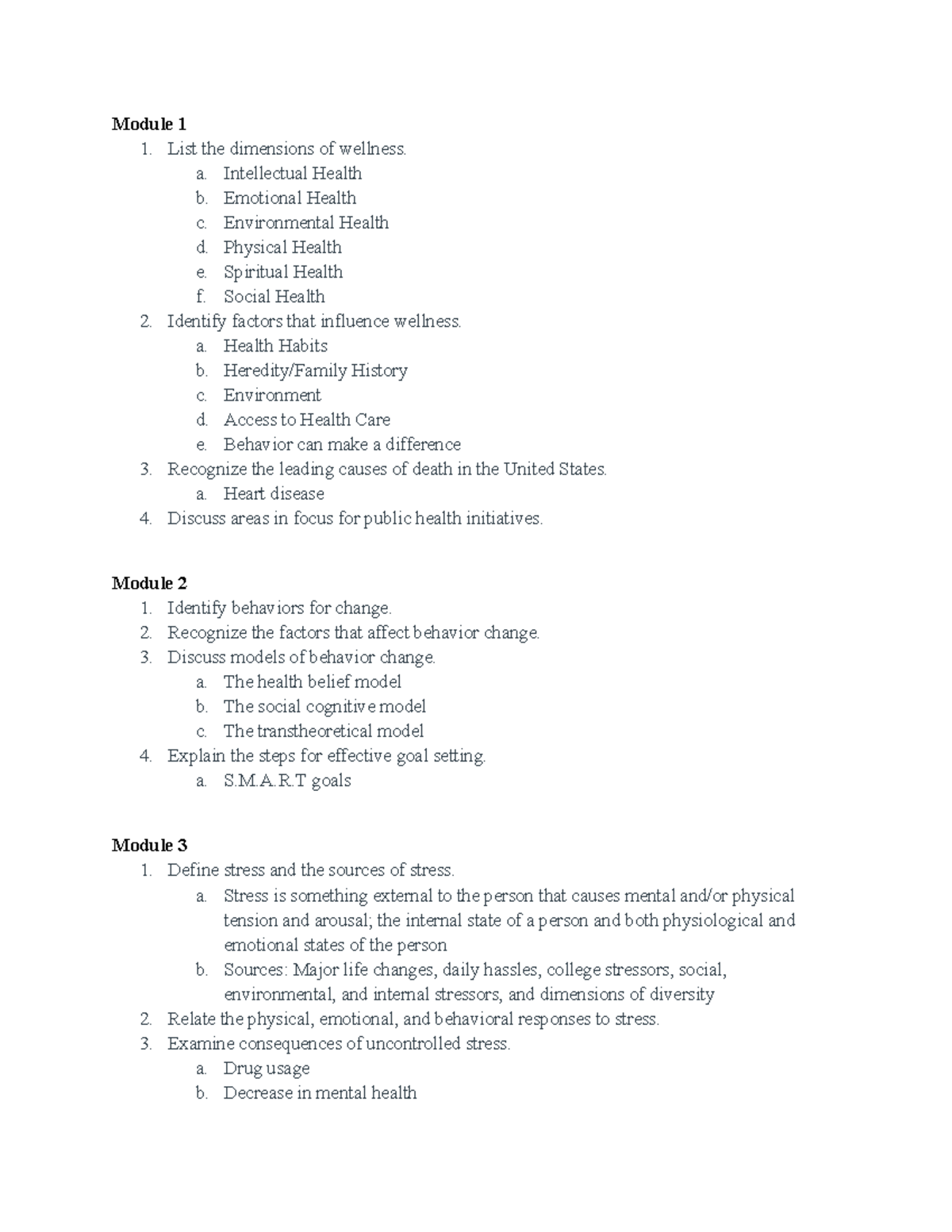 Health and Wellness - Exam 1 Study Guide - Module 1 1. List the ...