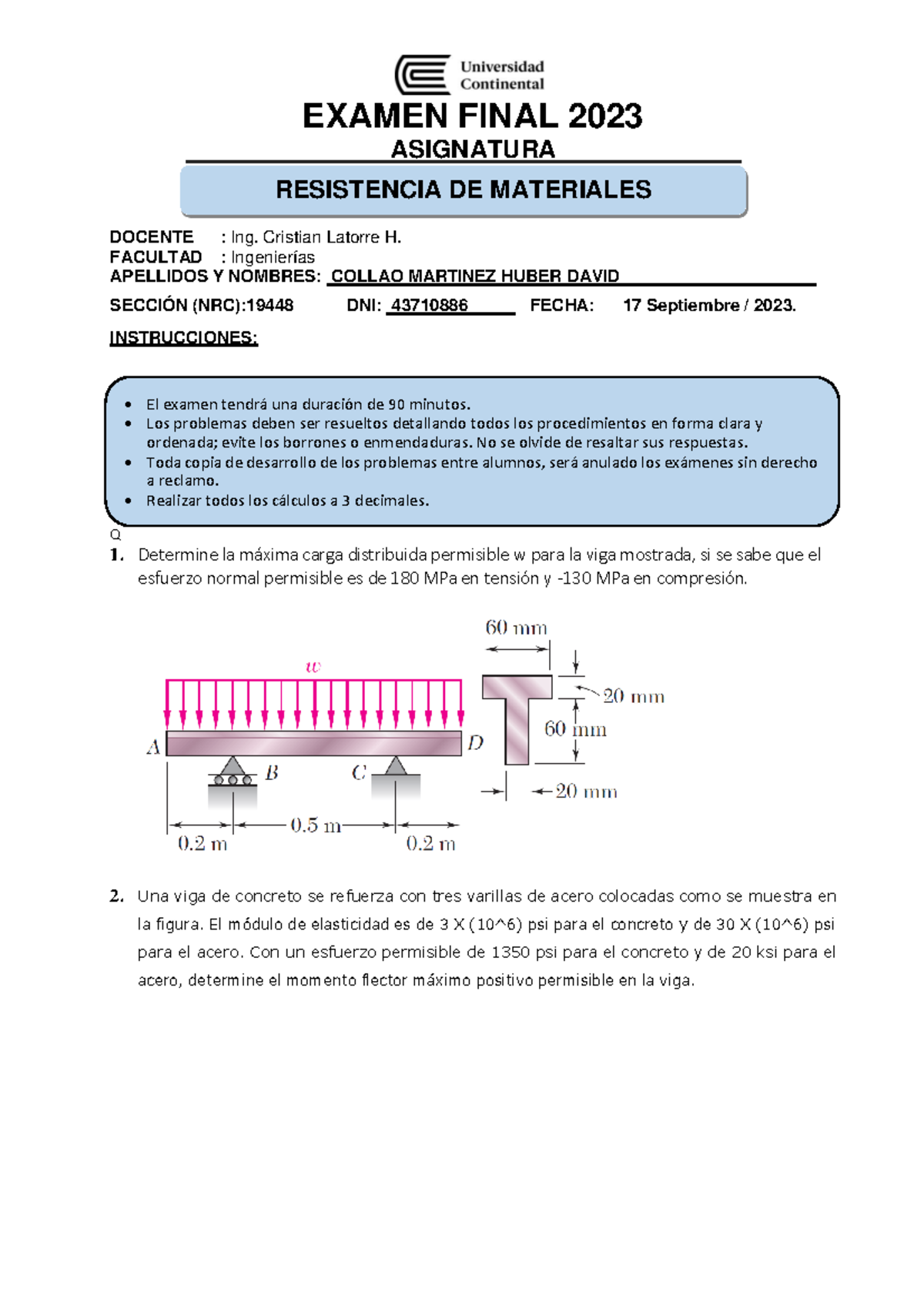Examen Final 2023-20 RM Huber Collao M - EXAMEN FINAL 2023 ASIGNATURA DOCENTE : Ing. Cristian ...