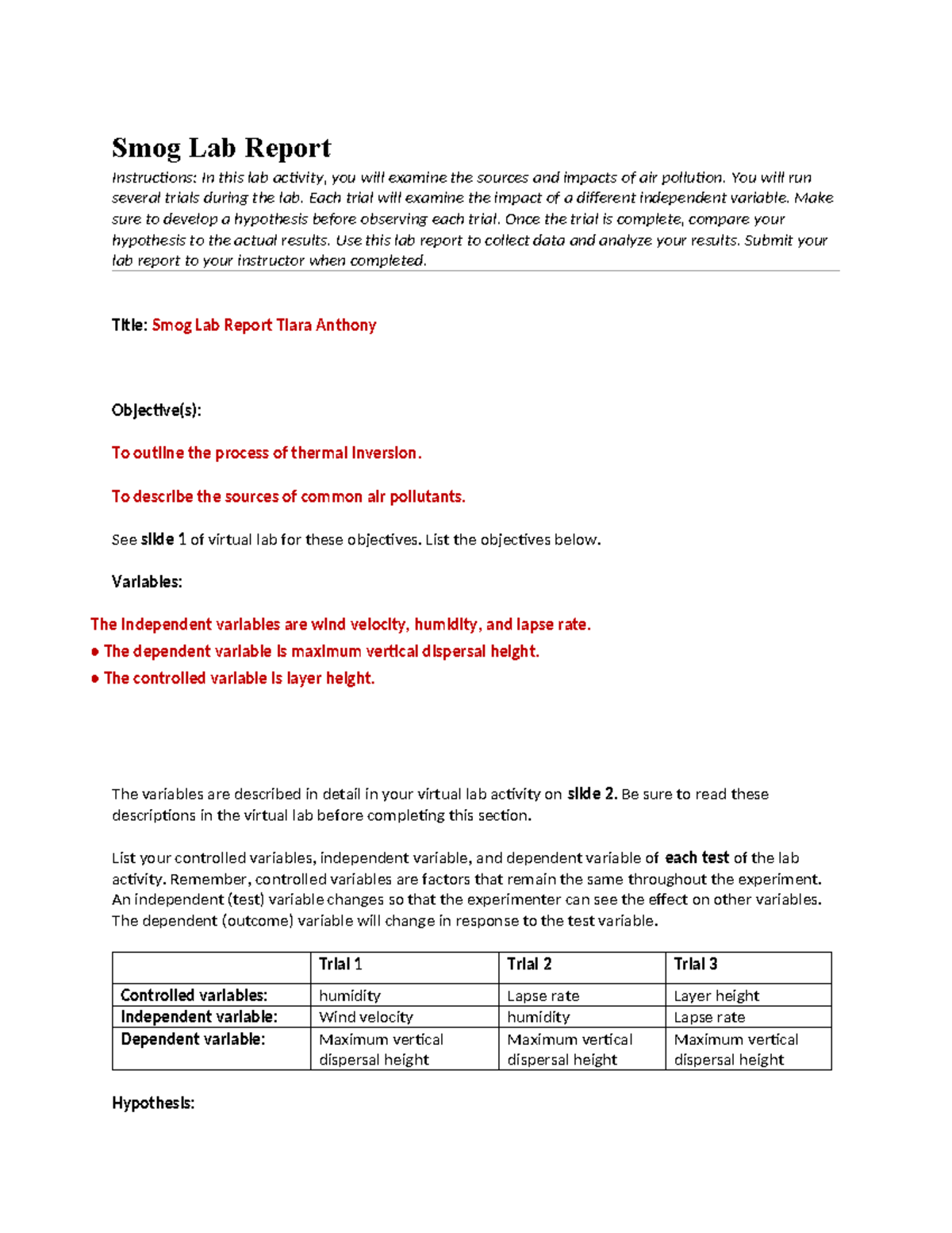 Smog lab report - Smog Lab Report Instructions: In this lab activity ...