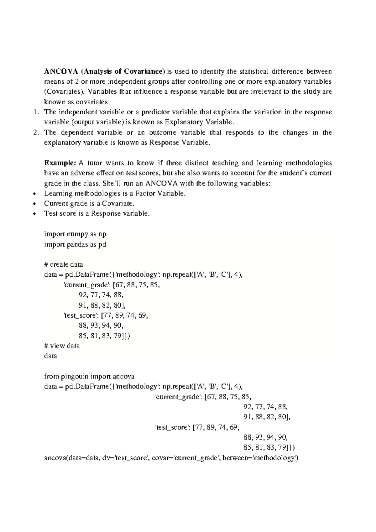 Ancova - ANCOVA (Analysis of Covariance) is used to identify the ...