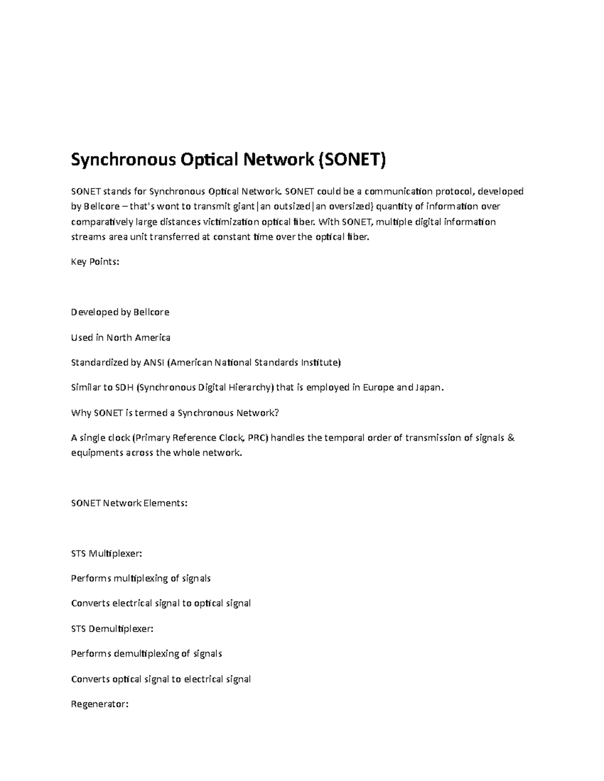 Synchronous Optical Network ( Sonet) - Synchronous Optical Network ...