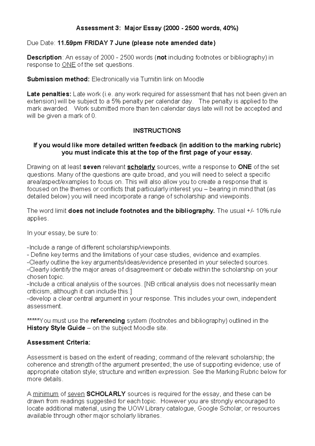Essay Instructions HIST358 - Assessment 3: Major Essay (2000 - 2500 ...