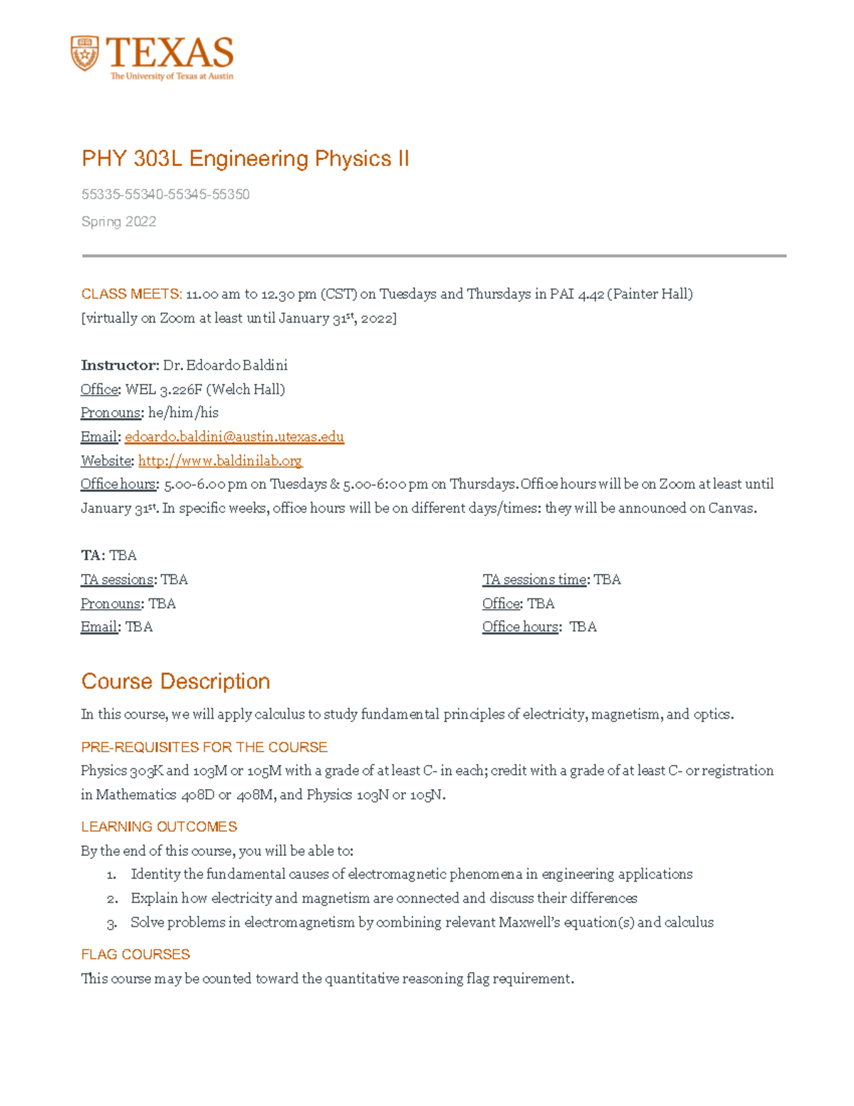 Syllabus PHY 303L - PHY 303L Engineering Physics II 55335 - 55340 ...