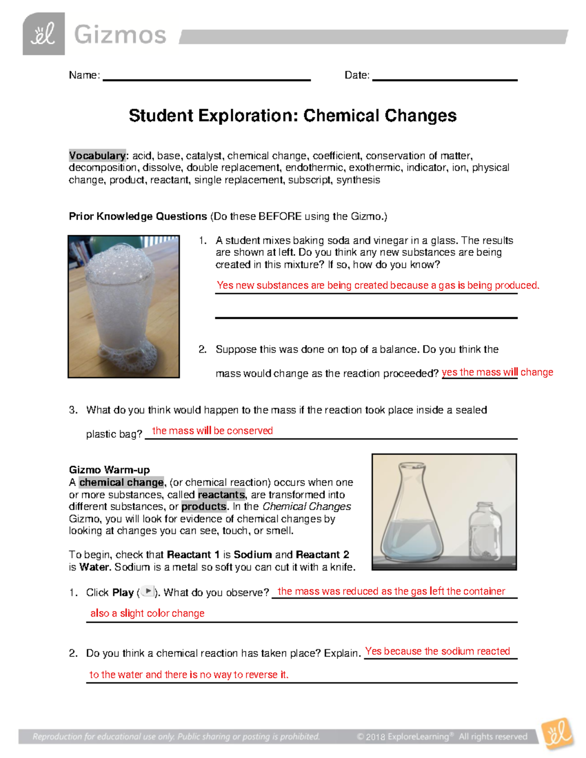 Chemical Changes SE - Name: Date: Student Exploration: Chemical Changes ...