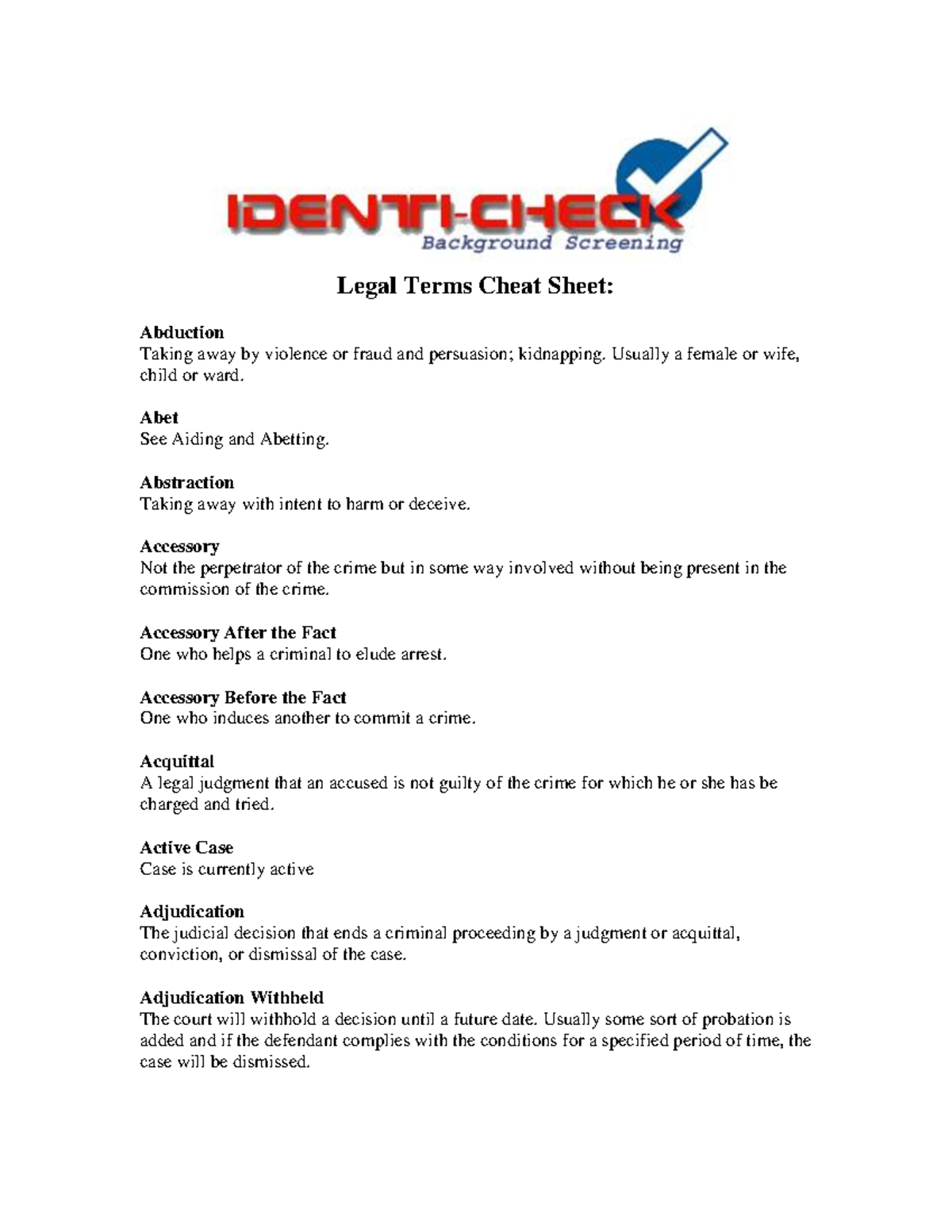 Legal Term Cheat Sheet - Legal Terms Cheat Sheet: Abduction Taking away ...