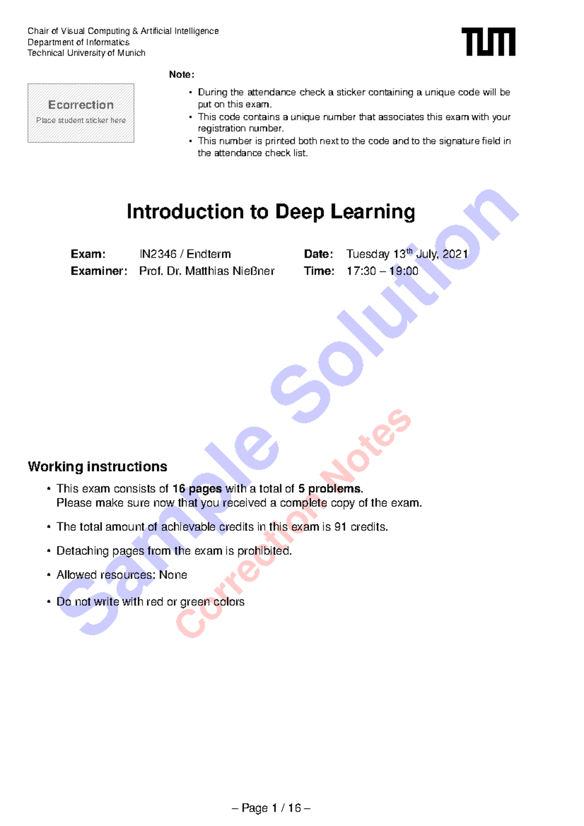 2021SS Exam Solutions - alte Klausur - Sample Solution Correction Notes ...