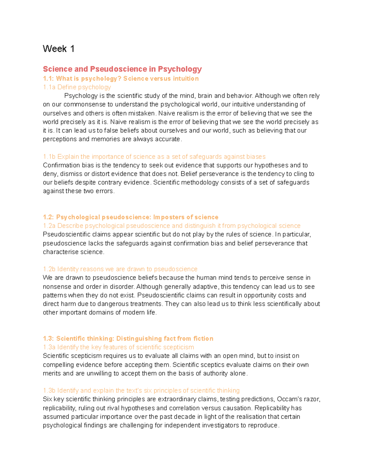 Psych summarised textbook notes - Week 1 Science and Pseudoscience in ...
