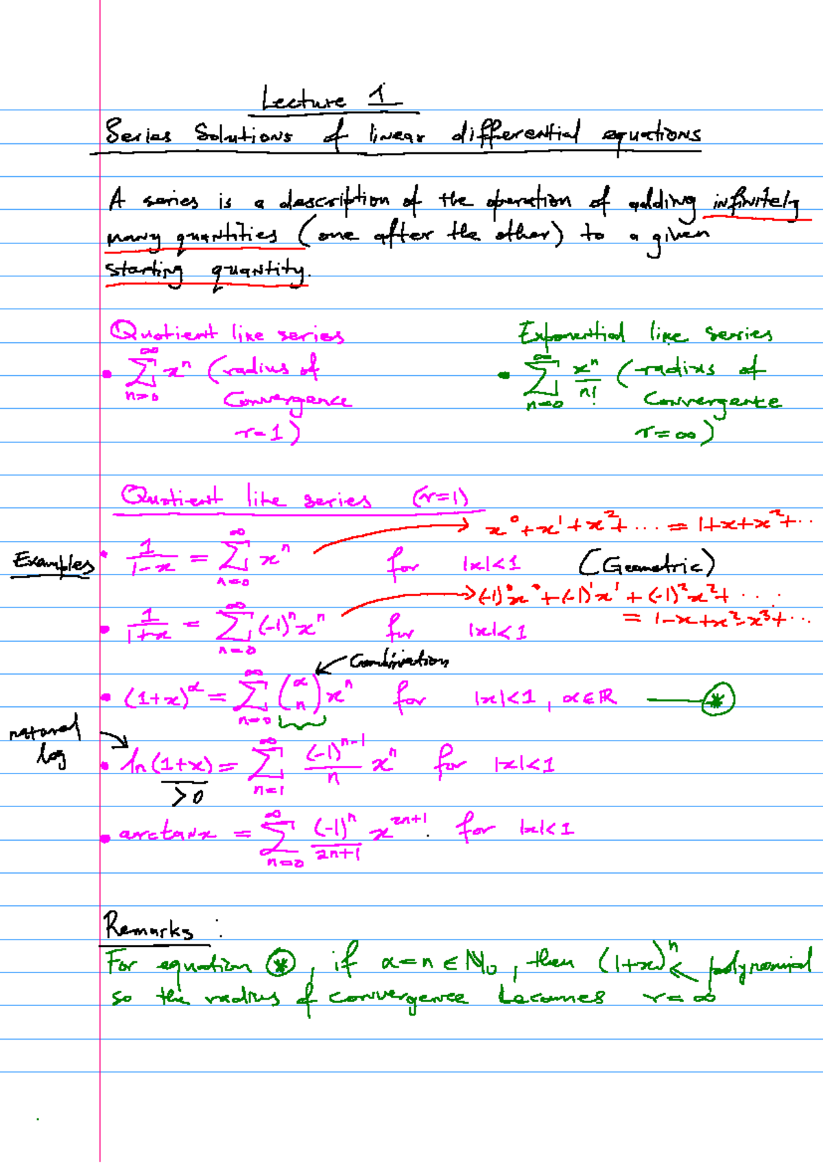 Lecture 1 - Math - Lecture 1 Series Solutions of linear differential ...