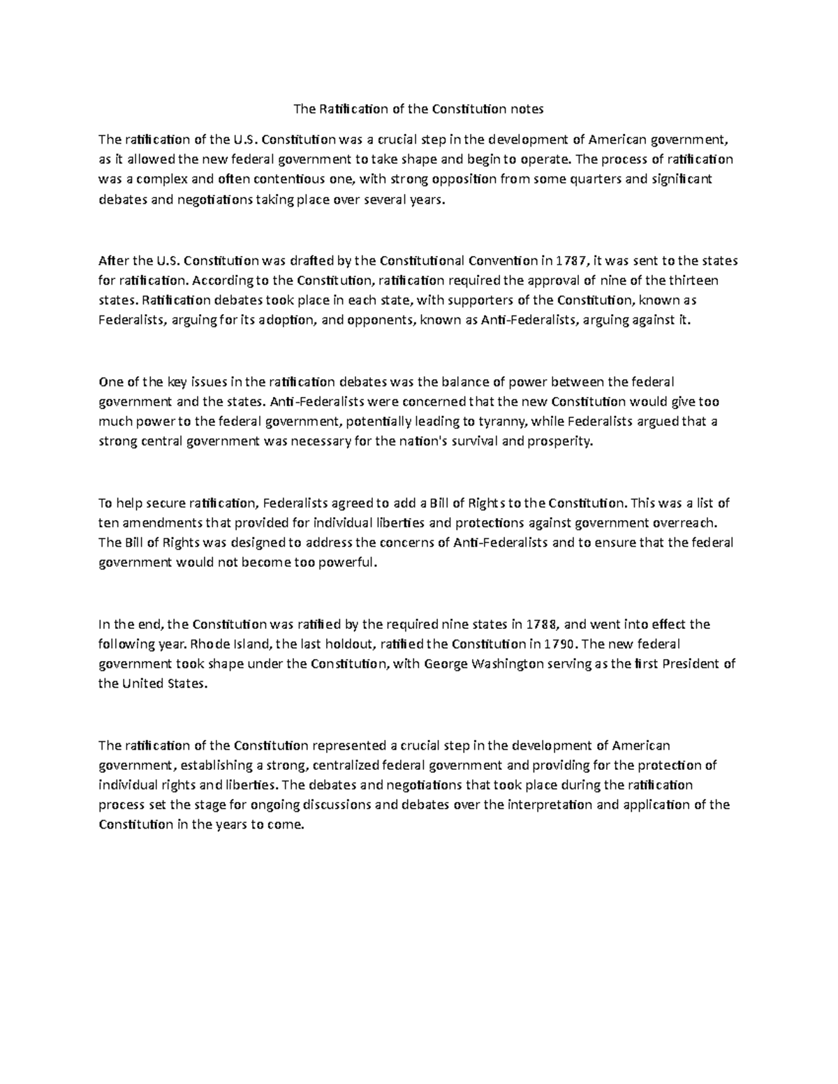 The Ratification of the Constitution notes - Constitution was a crucial ...