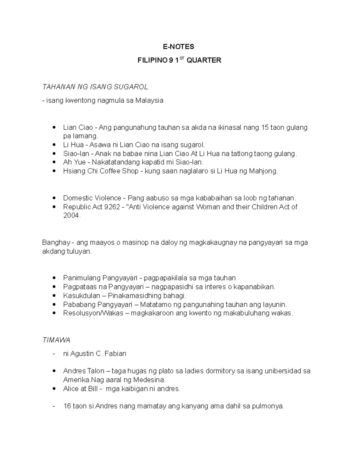 E-Notes Fil 9 Notes - E-NOTES FILIPINO 9 1ST QUARTER TAHANAN NG ISANG ...