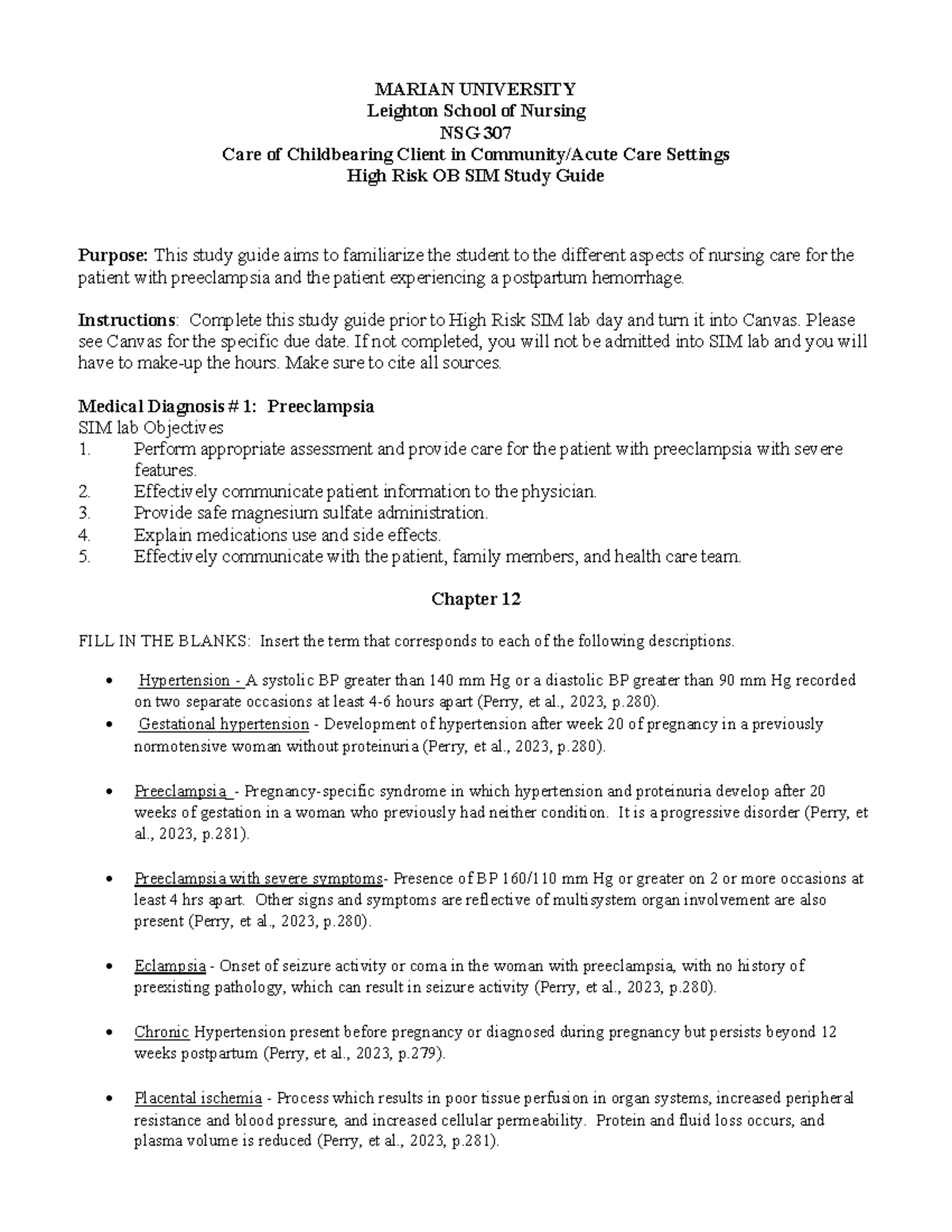 NSG 307 OB High Risk SIM Lab 1 - MARIAN UNIVERSITY Leighton School of ...