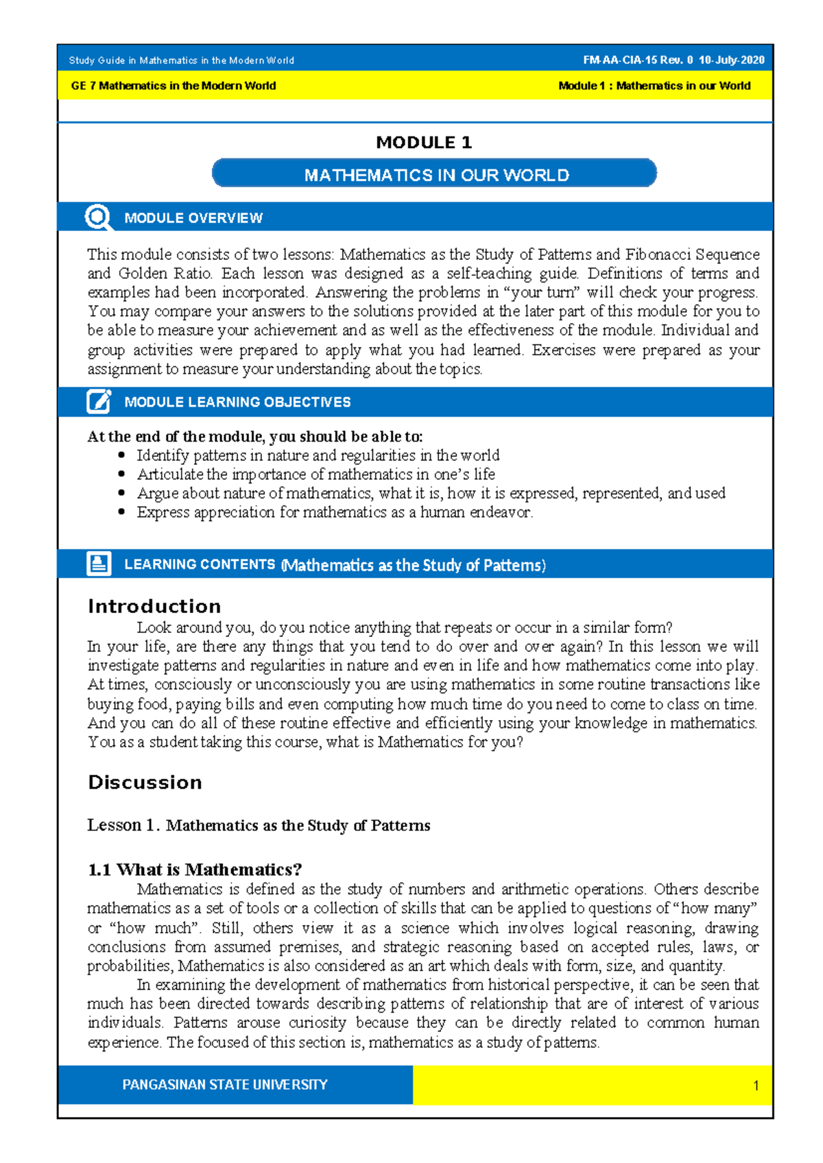 MMWModule- Chapter 1 - MMW - MATHEMATICS IN OUR WORLD Mathematics as the Study of Patterns ...