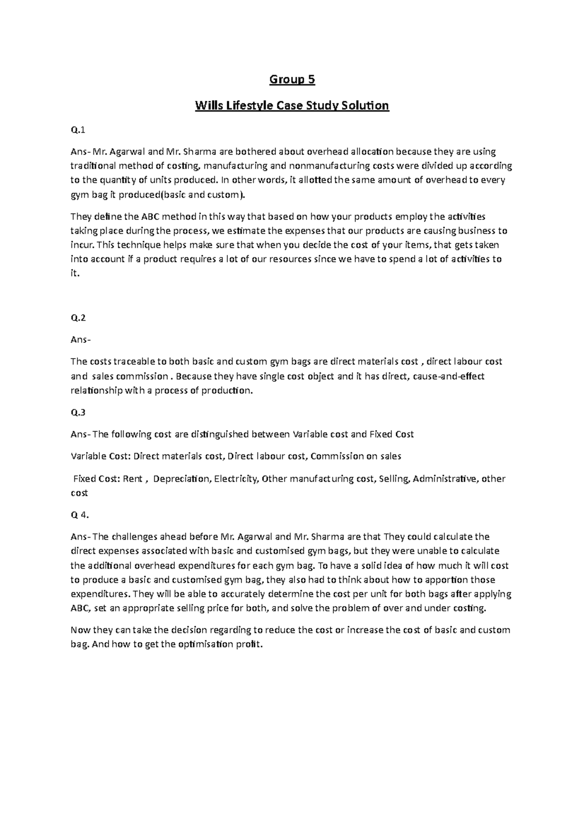 Group 5 Wills Lifestyle Case Study solution - Ans- Mr. Agarwal and Mr ...