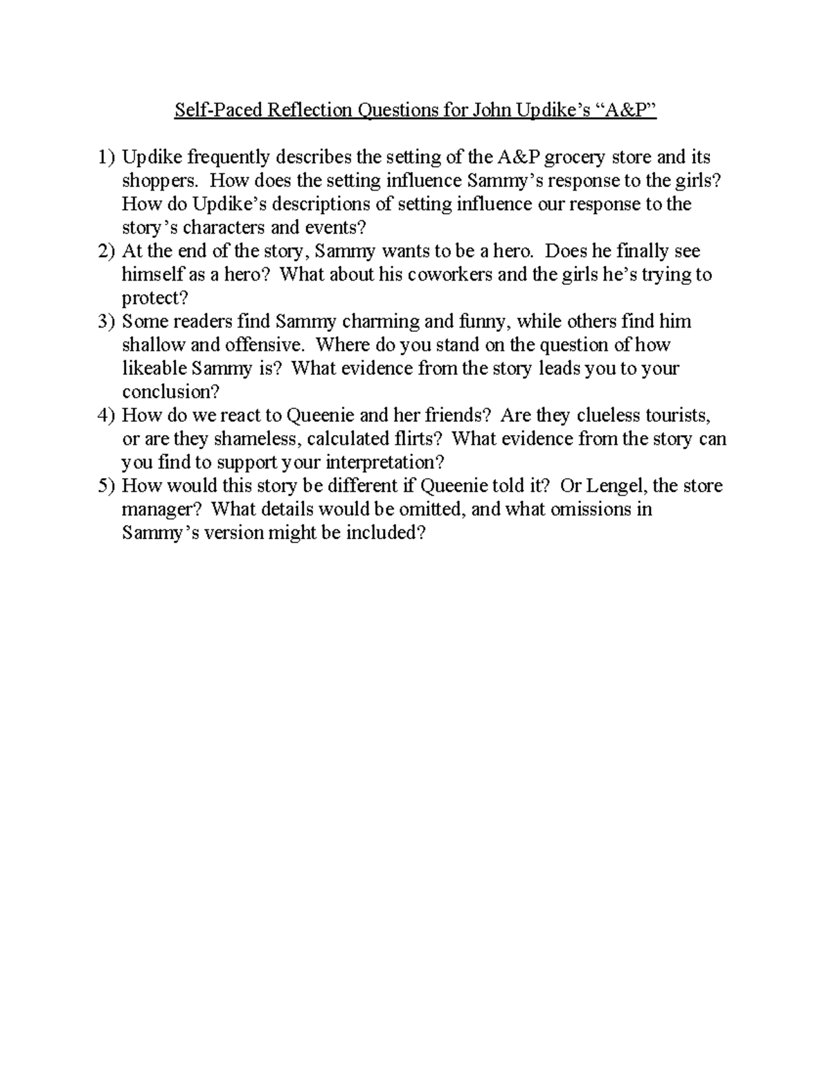 Self-Paced Reflection Questions for 'A&P' - Self-Paced Reflection ...