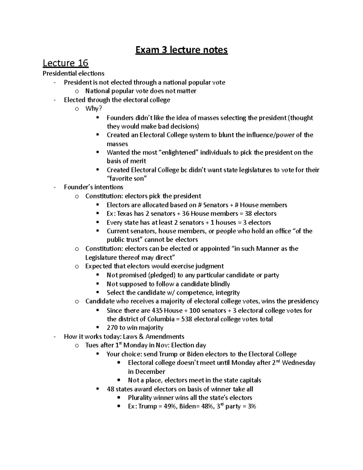Exam 3 lecture notes - Exam 3 lecture notes Lecture 16 Presidential ...