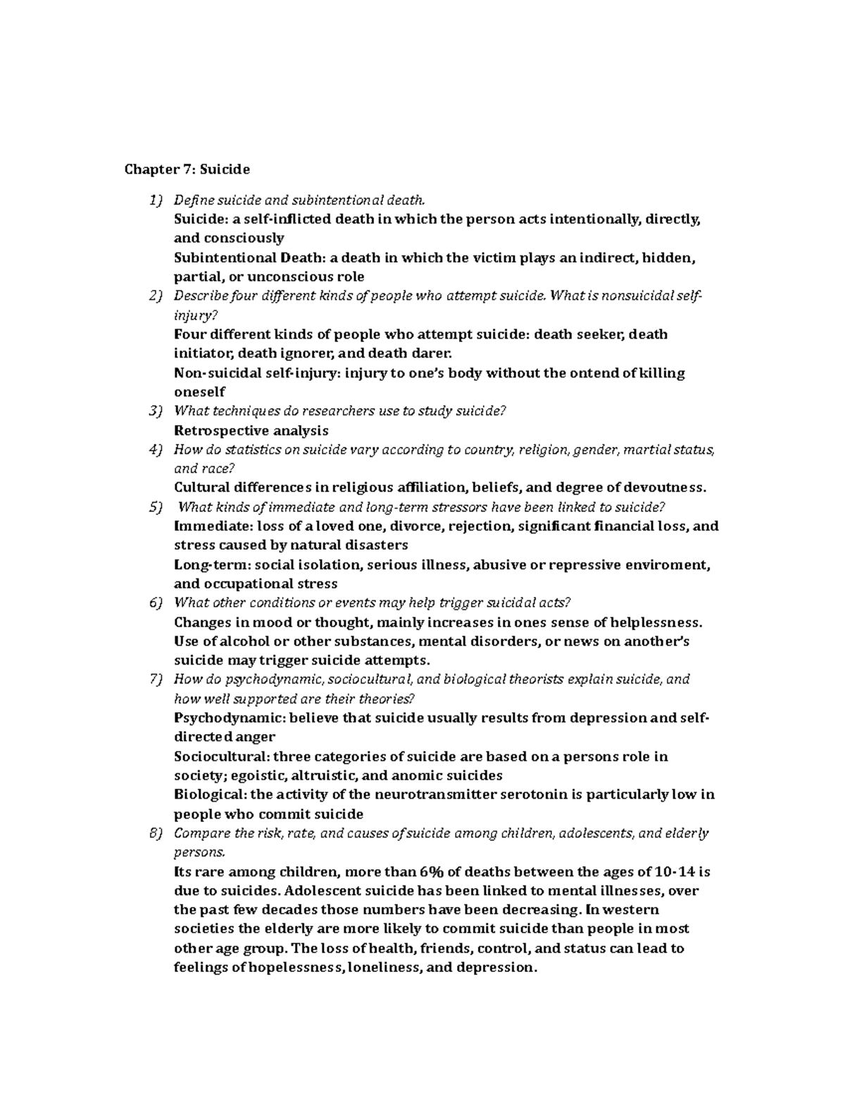Chapter 7 Suicide - work - Chapter 7: Suicide Define suicide and ...