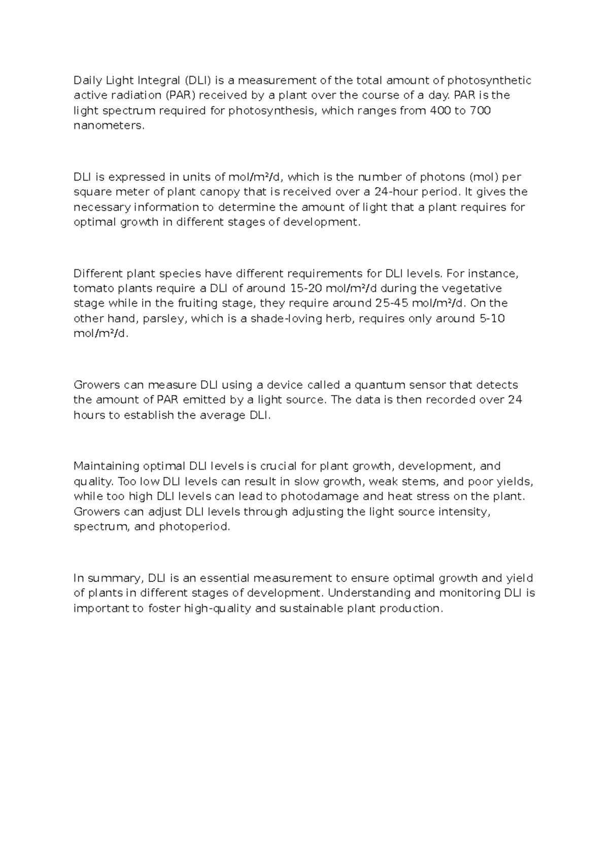 Daily Light Integral - DLI/PAR - Daily Light Integral (DLI) is a ...