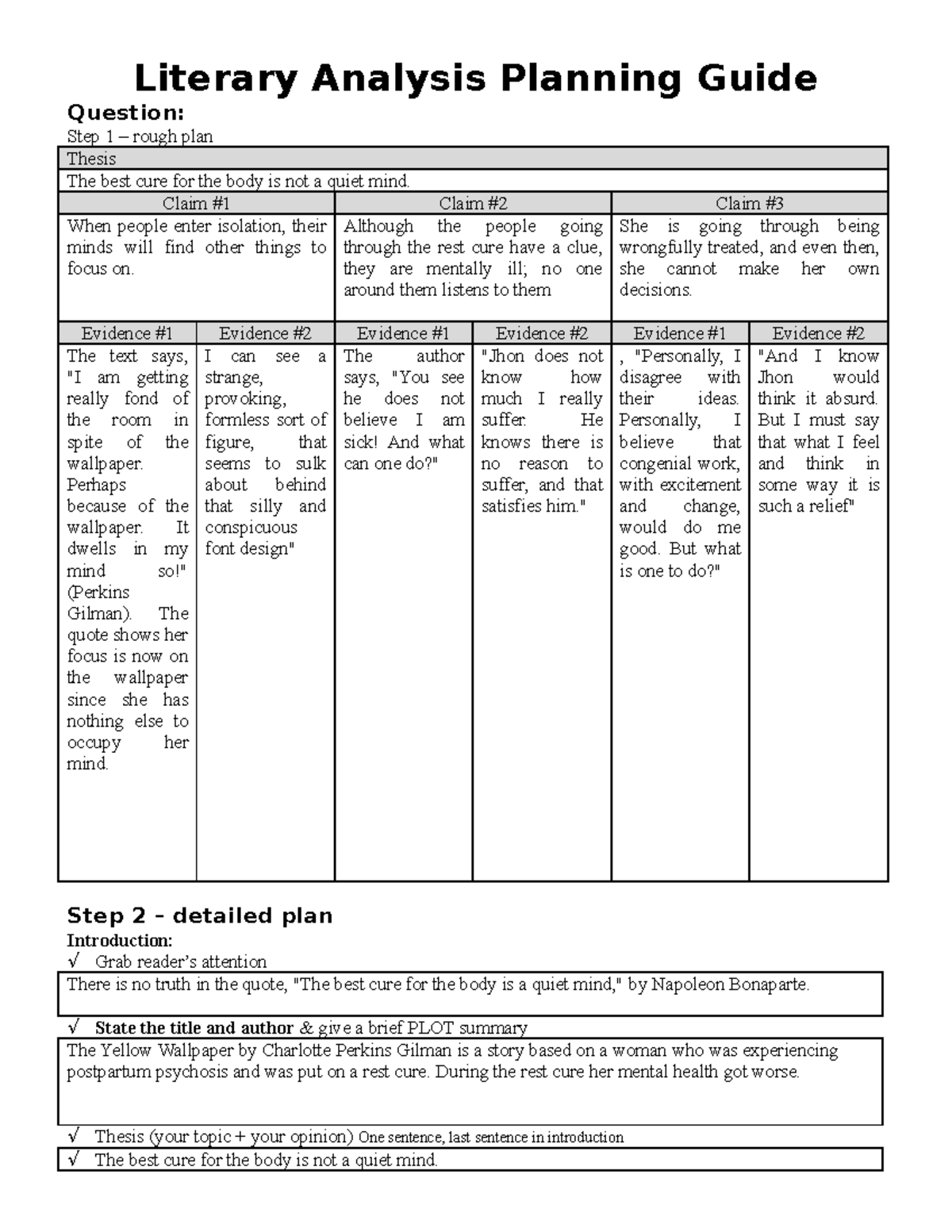 Literary Analysis Planning guide Longer Paper - Literary Analysis ...