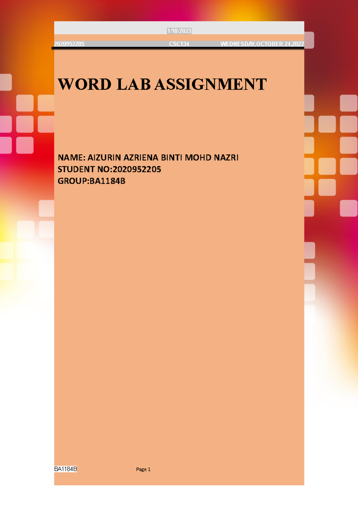 Csc134 Individual Assignment 2020952205 Csc134 Wednesdayoctober 24