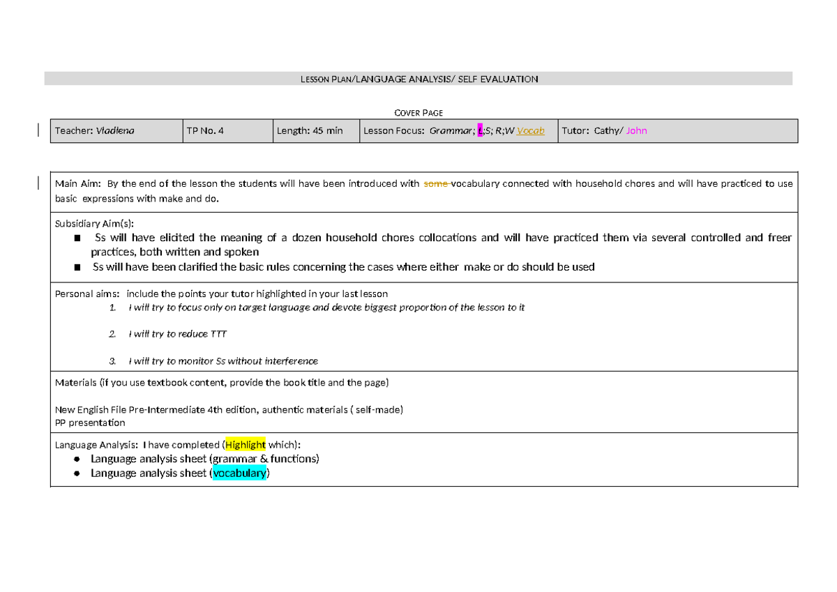 TP 4 Pre Intermediate New English File Lesson plan - LESSON PLAN/LANGUAGE ANALYSIS/ SELF ...