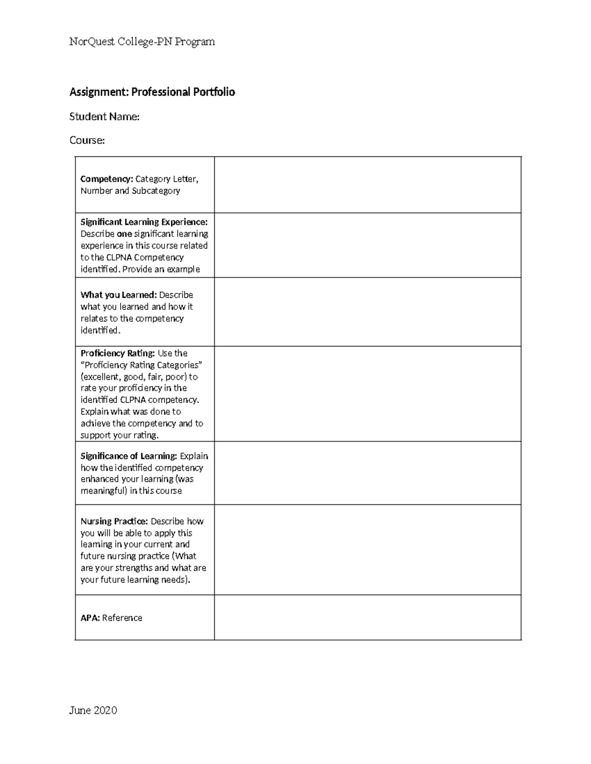 Professional Portfolio Template - NorQuest College-PN Program Assignment: Professional Portfolio ...