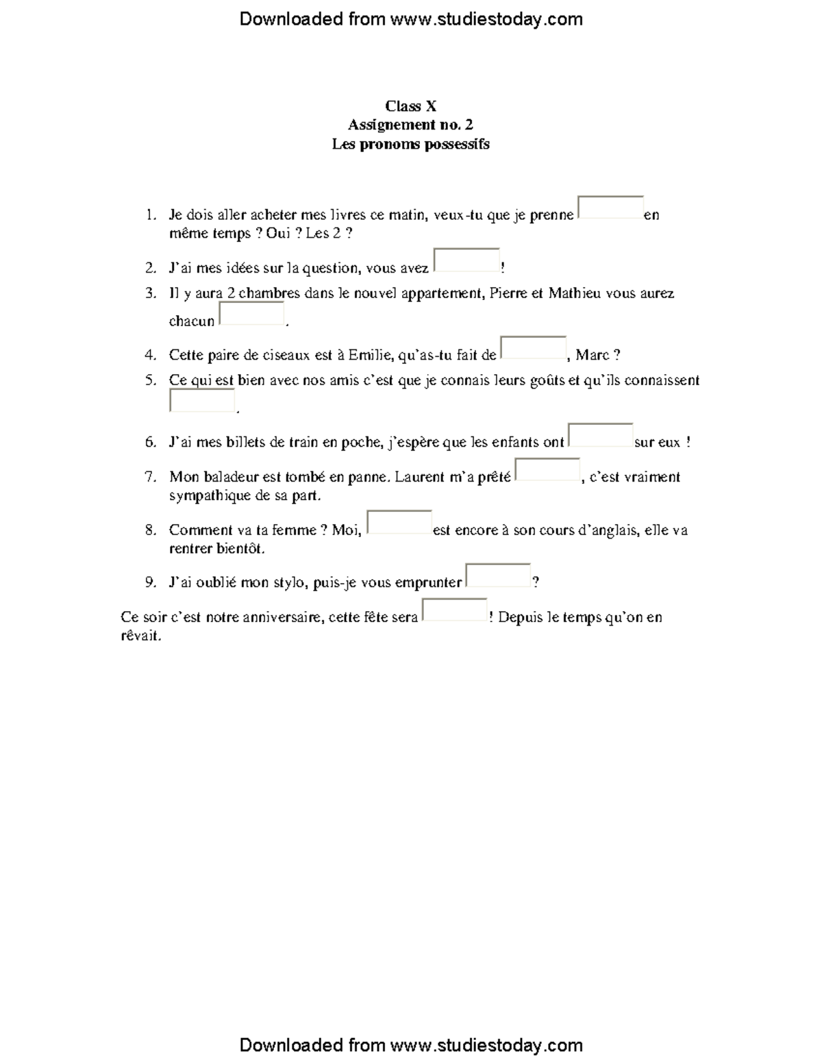 CBSE Class 10 French Revision Worksheet Set A - Class X Assignement no ...