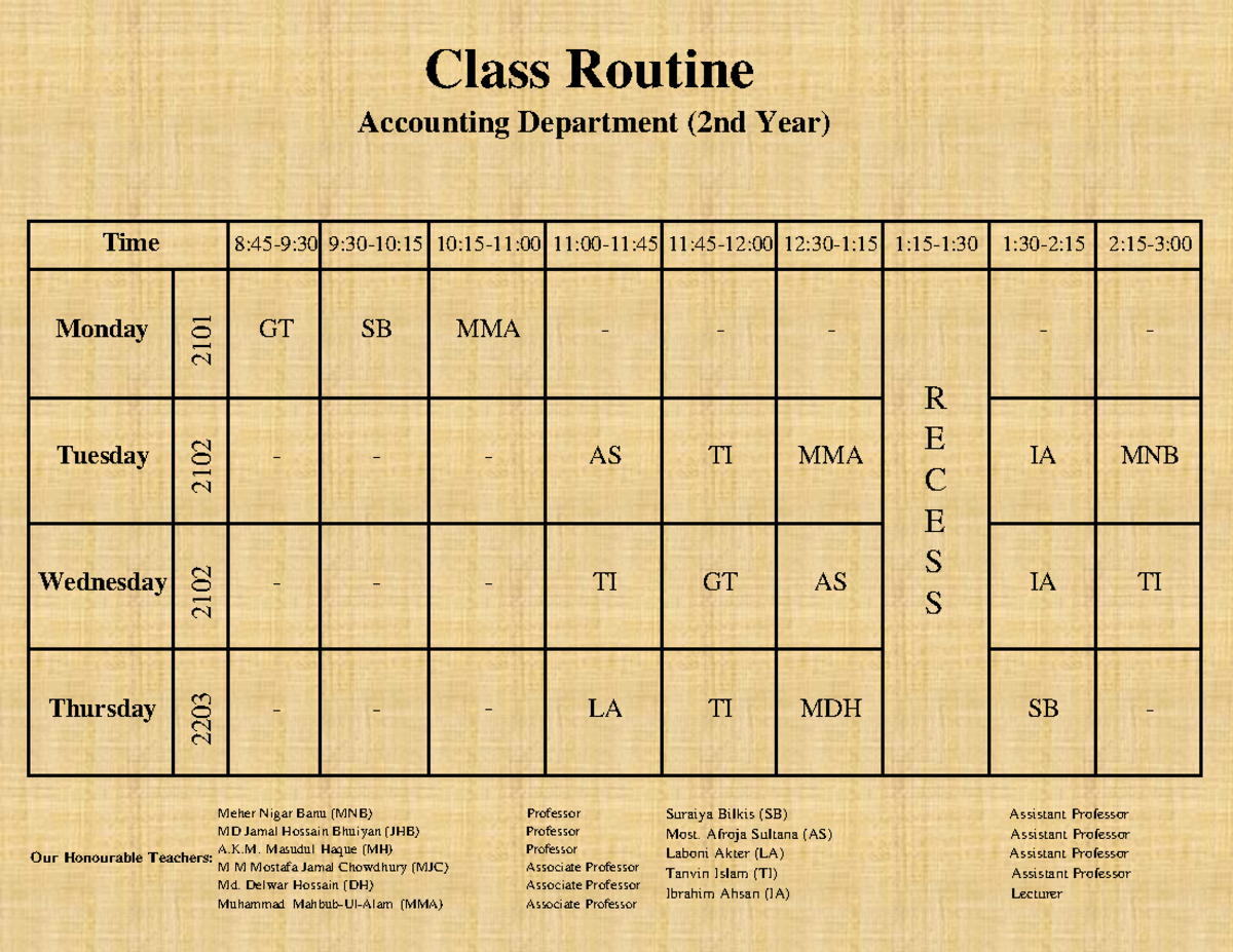 Class Routine - Class Routine Accounting Department (2nd Year) Time 8: ...