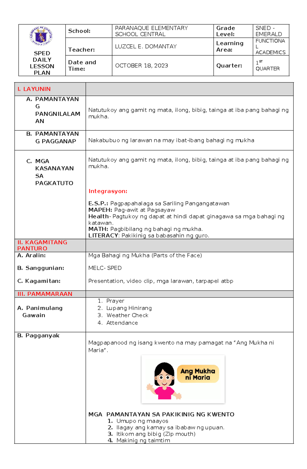 CO1 2023-2024 (Mga Bahagi ng Mukha) - SPED DAILY LESSON PLAN School ...