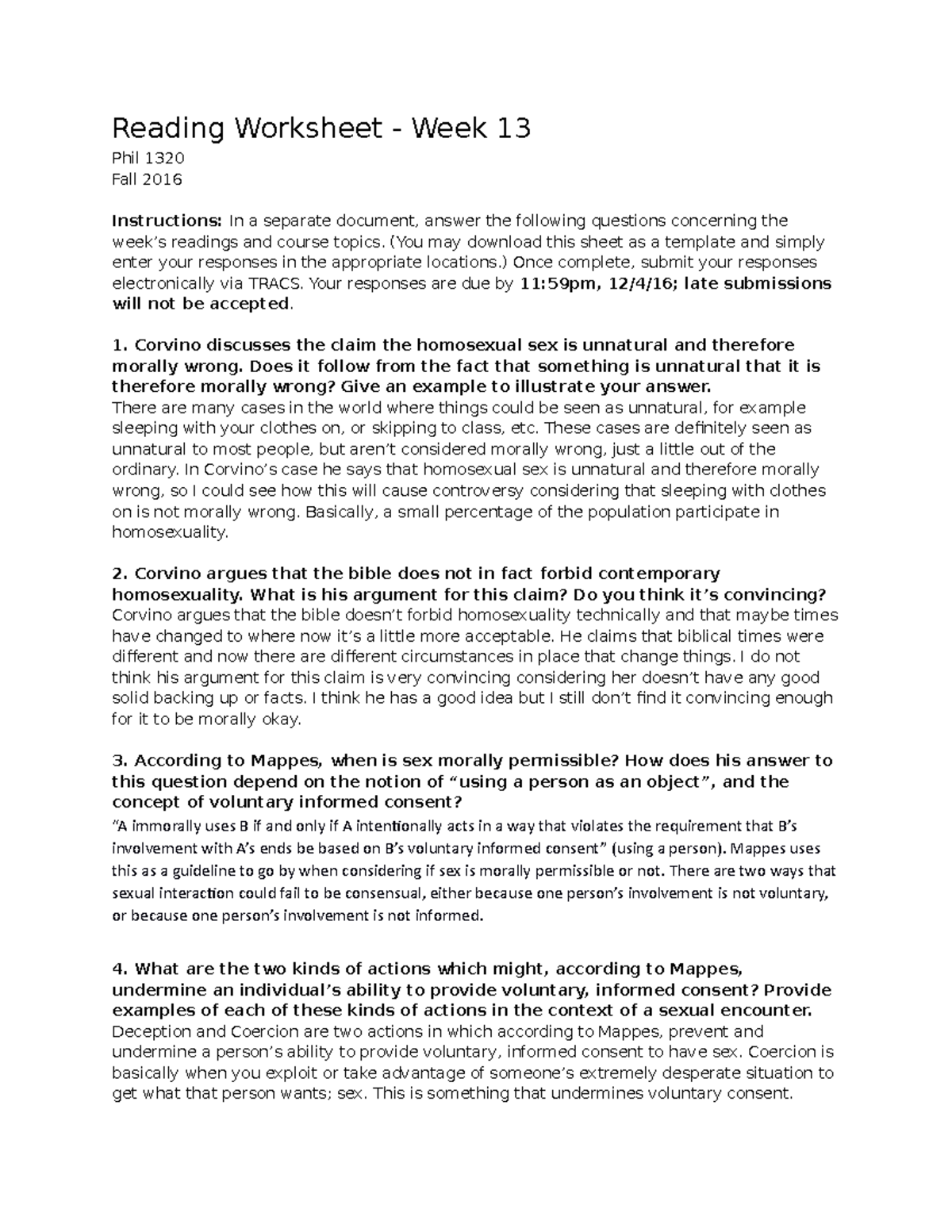 Week14Worksheet - week14 - Reading Worksheet - Week 13 Phil 1320 Fall ...