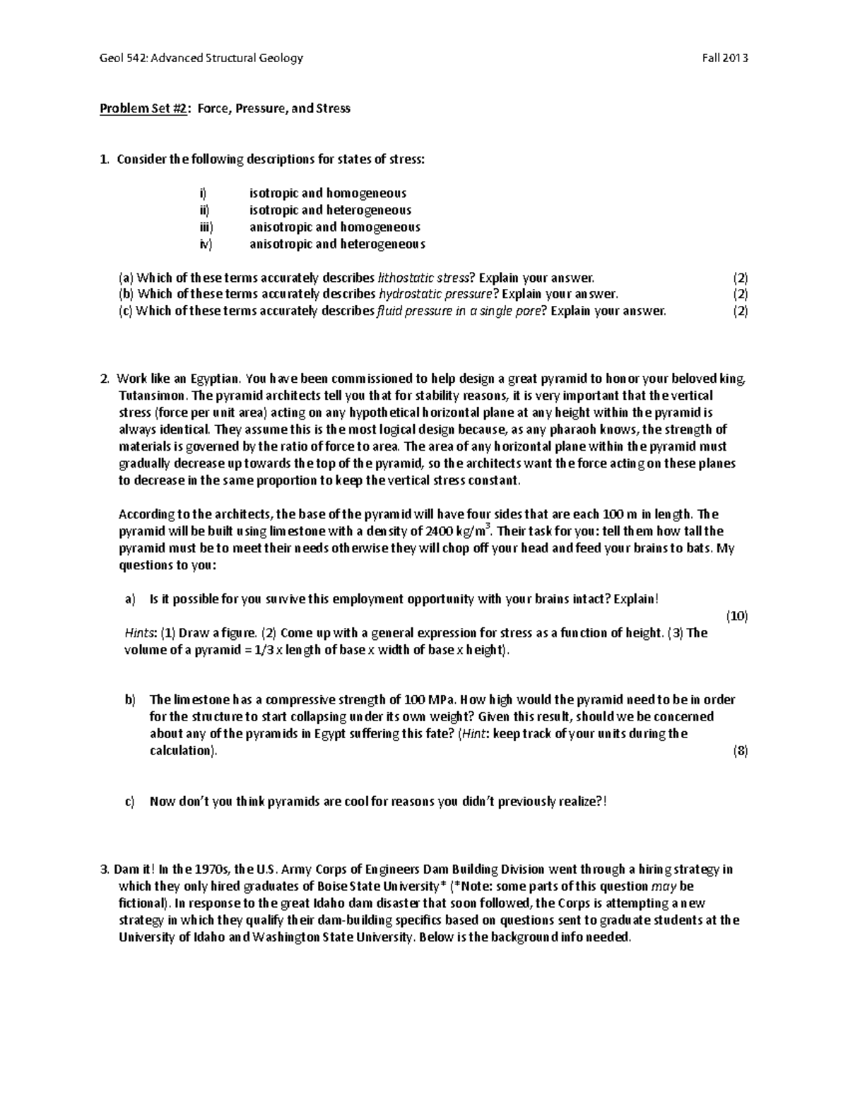 Problem Set 2: Force, Pressure, and Stress - Geol 542: Advanced ...