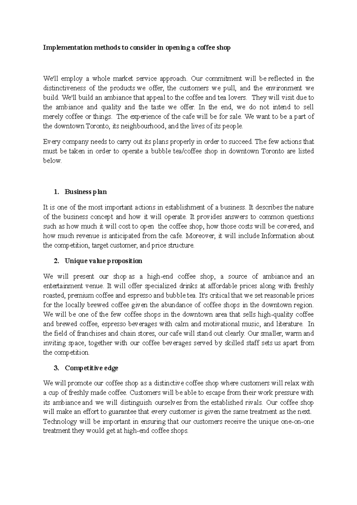 Coffee shop Implementation strategy - Implementation methods to ...