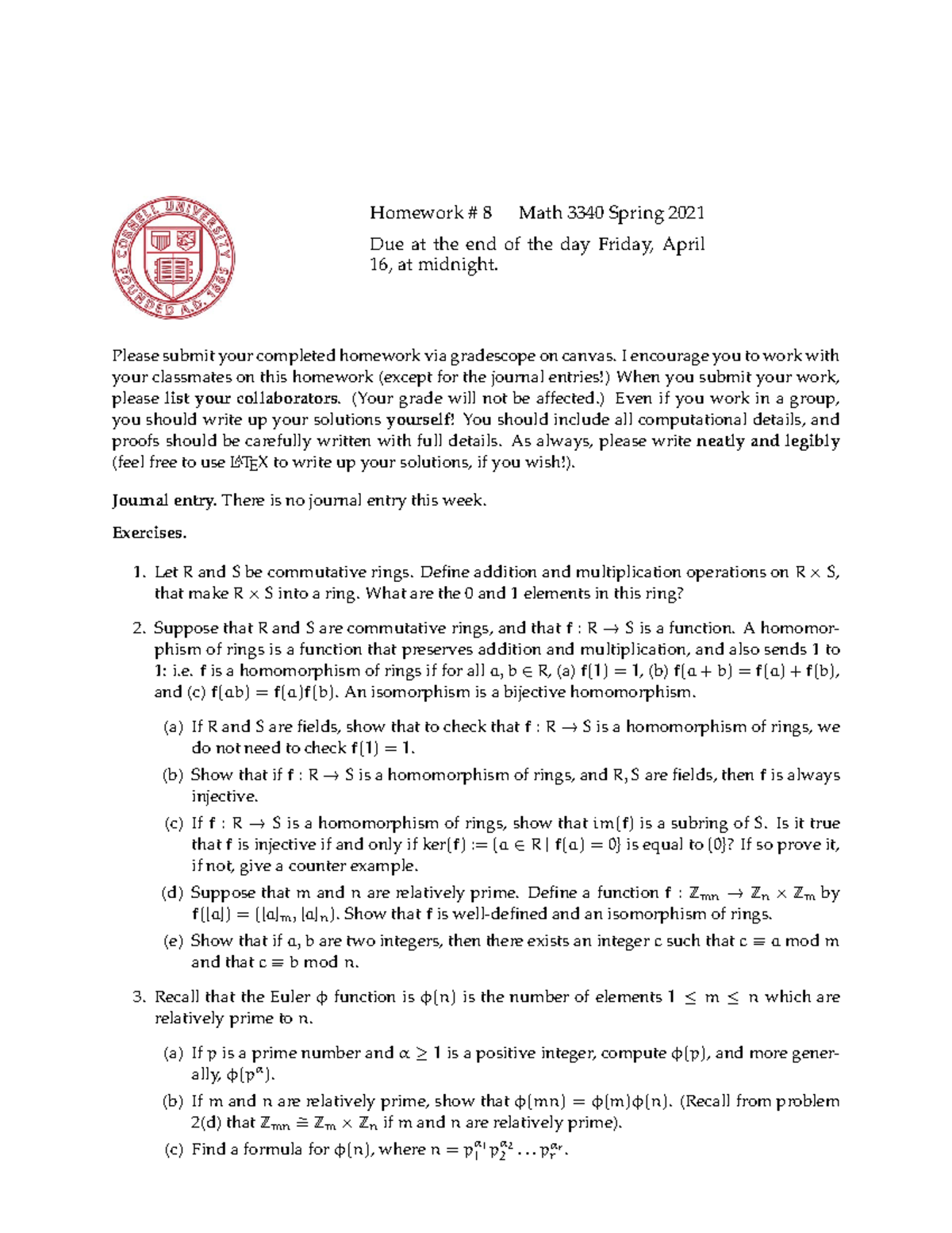 Hw8 2 Homework Assignment From Math 3340 Taught By Professor Mike Stillman During Homework