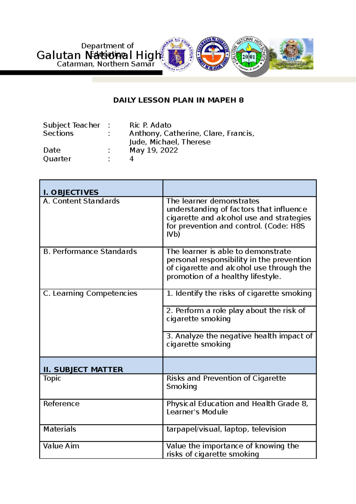 Lp for gifted - Sample LP - DAILY LESSON PLAN IN MAPEH 8 Subject ...