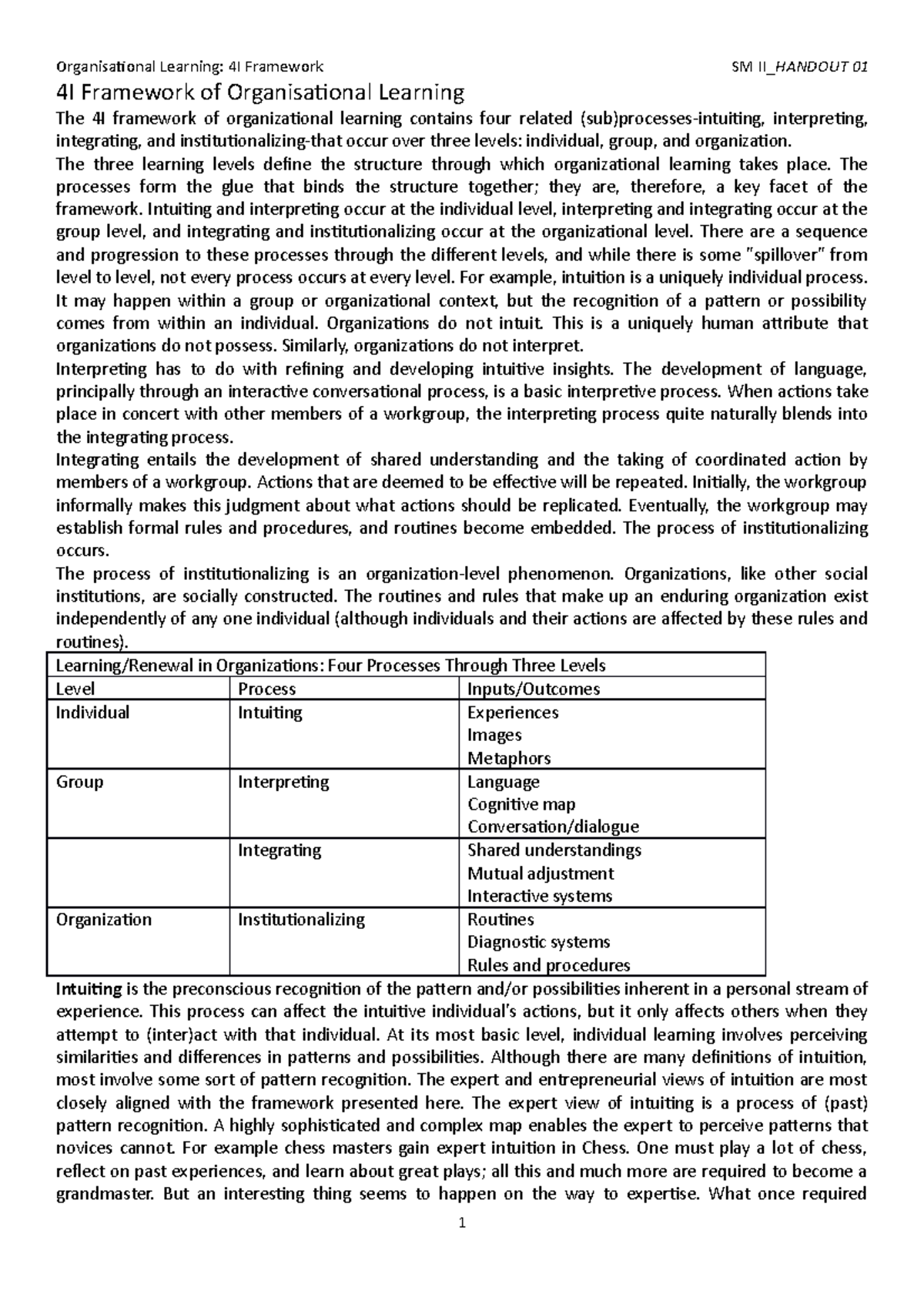 SM II- Handout 01-Organisational Learning - 4I Framework of ...